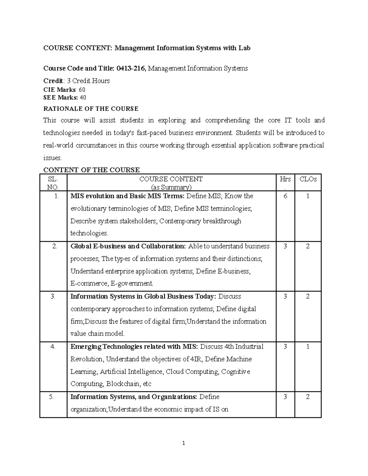 MIS-OBE 2 - FOR LEARNING - COURSE CONTENT: Management Information ...