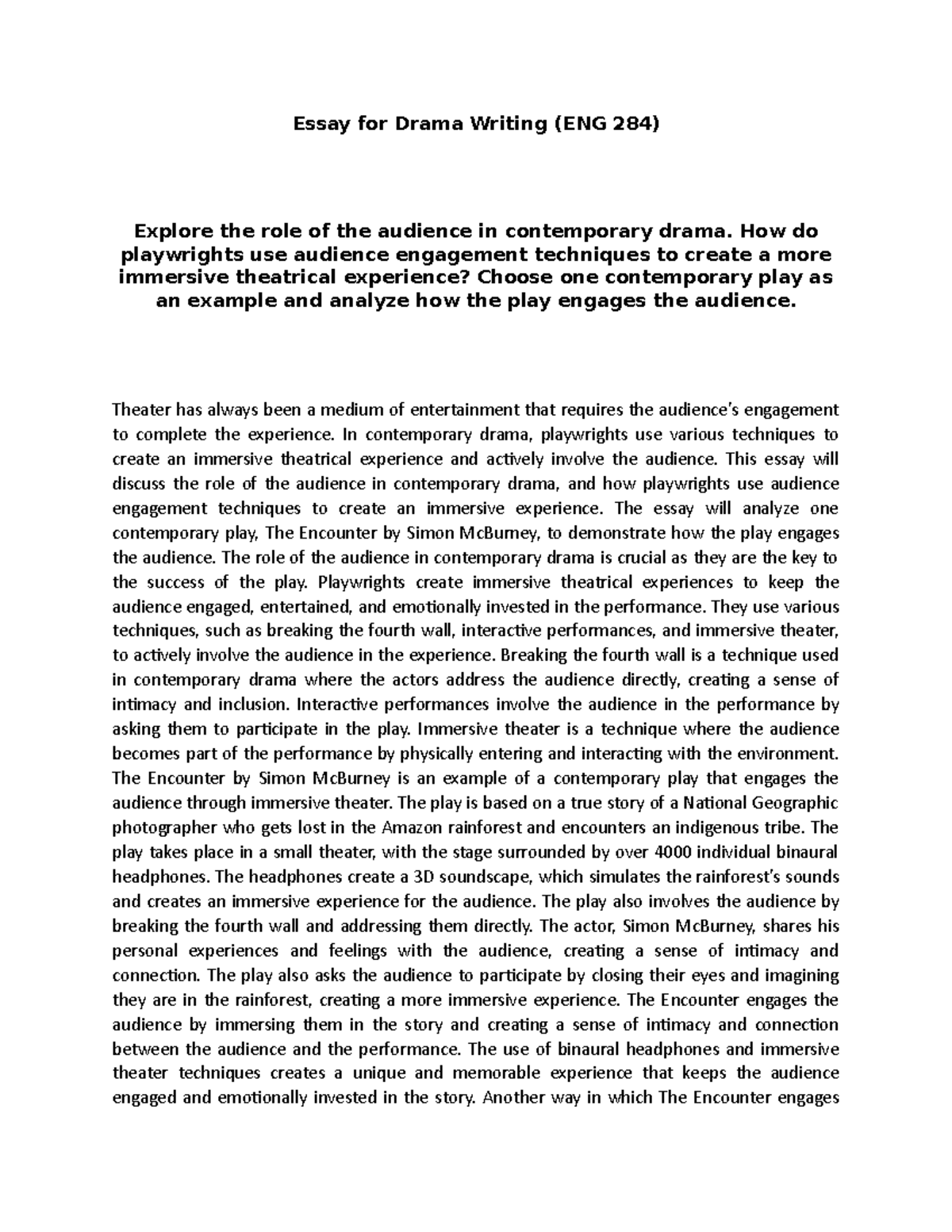 The Use of Audience Engagement in Contemporary Drama - Essay for Drama ...