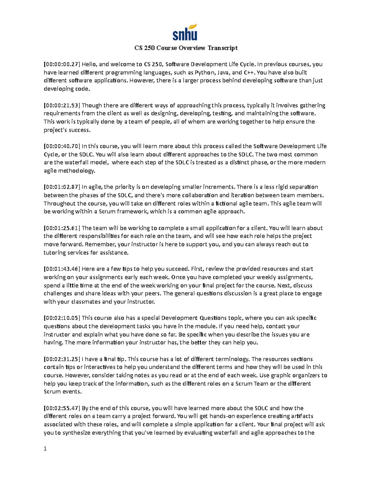 CS 250 Course Overview Transcript - CS 250 Course Overview Transcript ...
