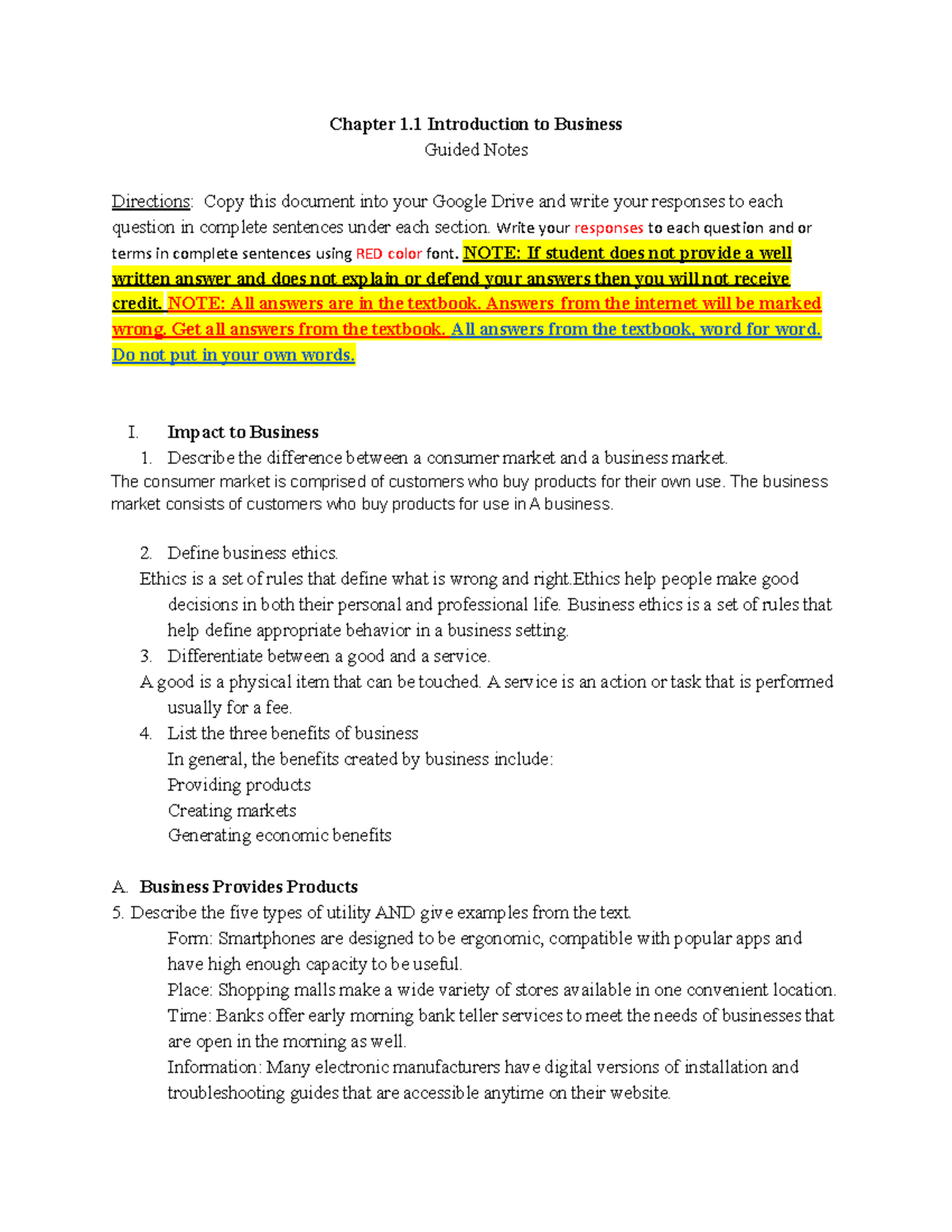 1.1 guided notes buisness - Chapter 1 Introduction to Business Guided ...