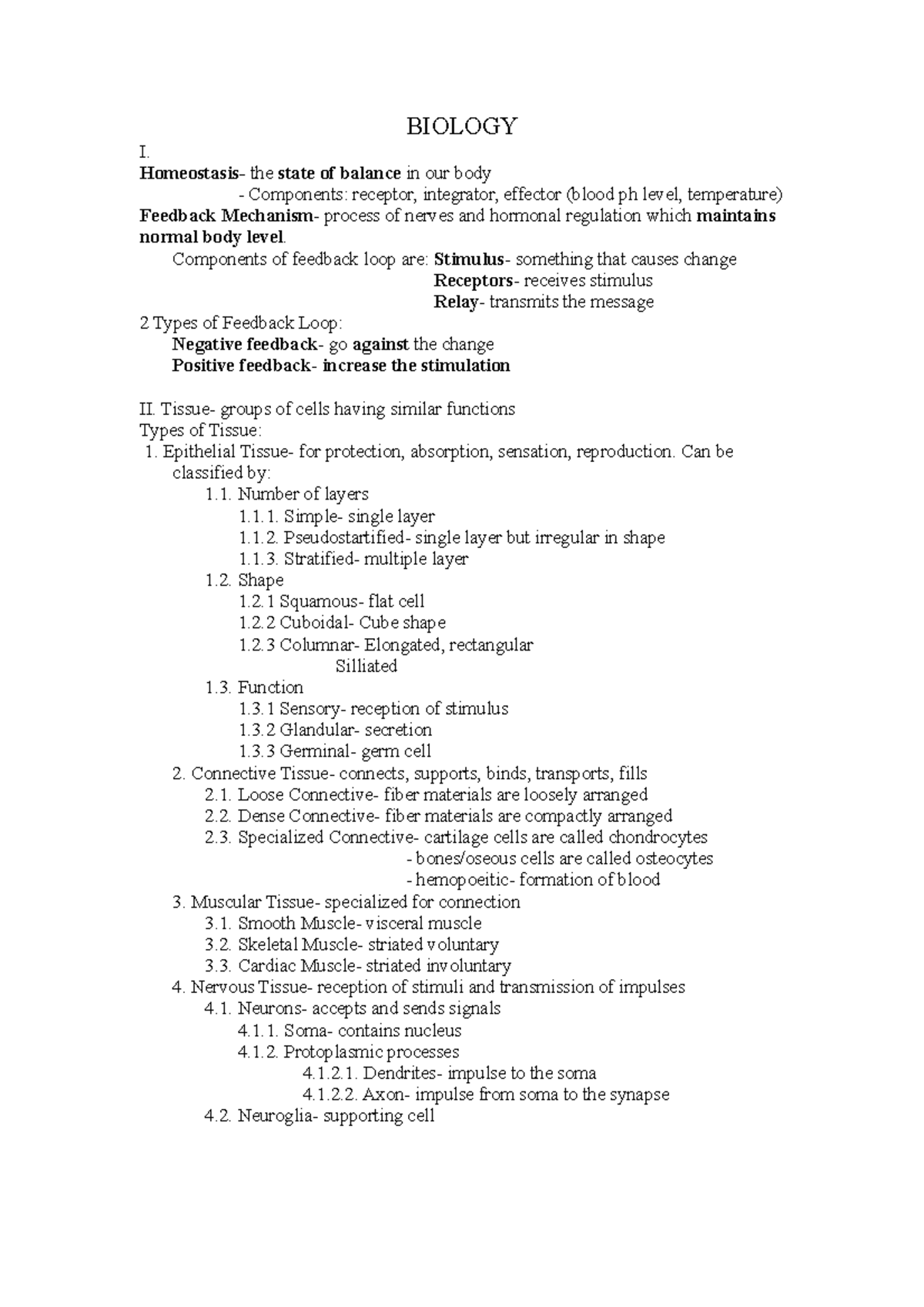 Biology - STEM reviewer - BIOLOGY I. Homeostasis- the state of balance ...
