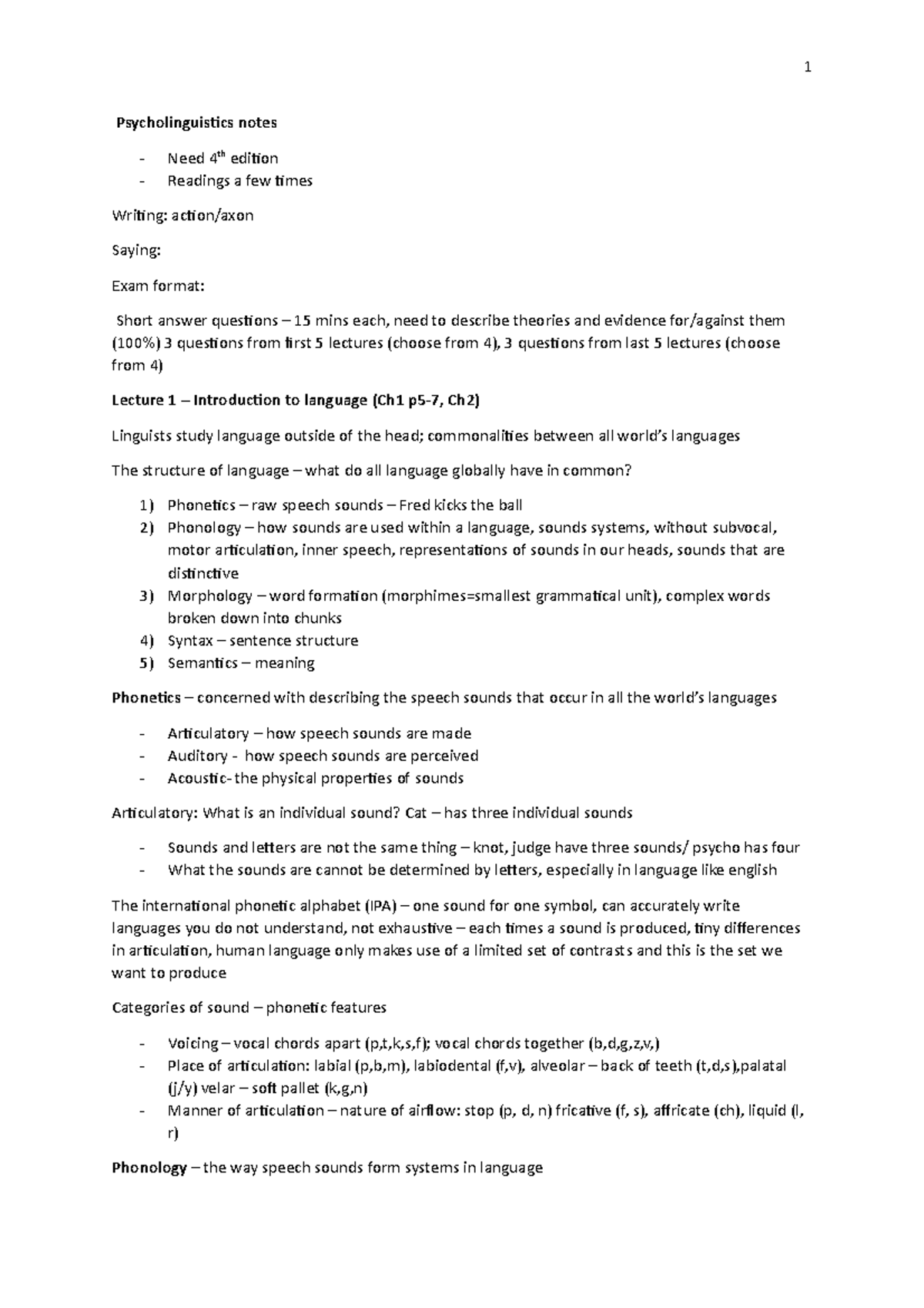 Introduction To Psycholinguistics Lecture And Reading Notes 1 Psycholinguistics Notes Need