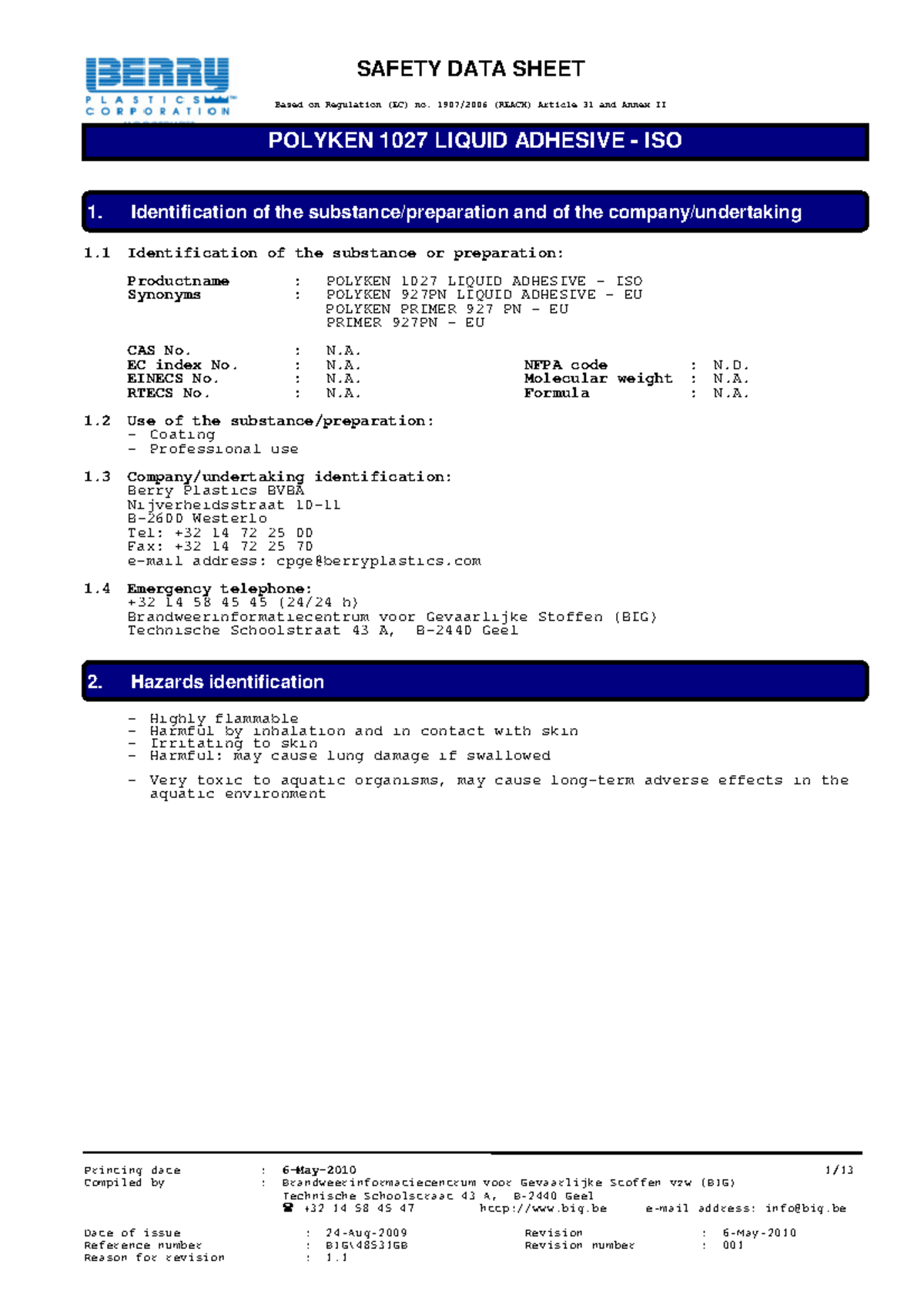 Polyken 1027 sds 8 24 09 - SAFETY DATA SHEET Based on Regulation (EC ...