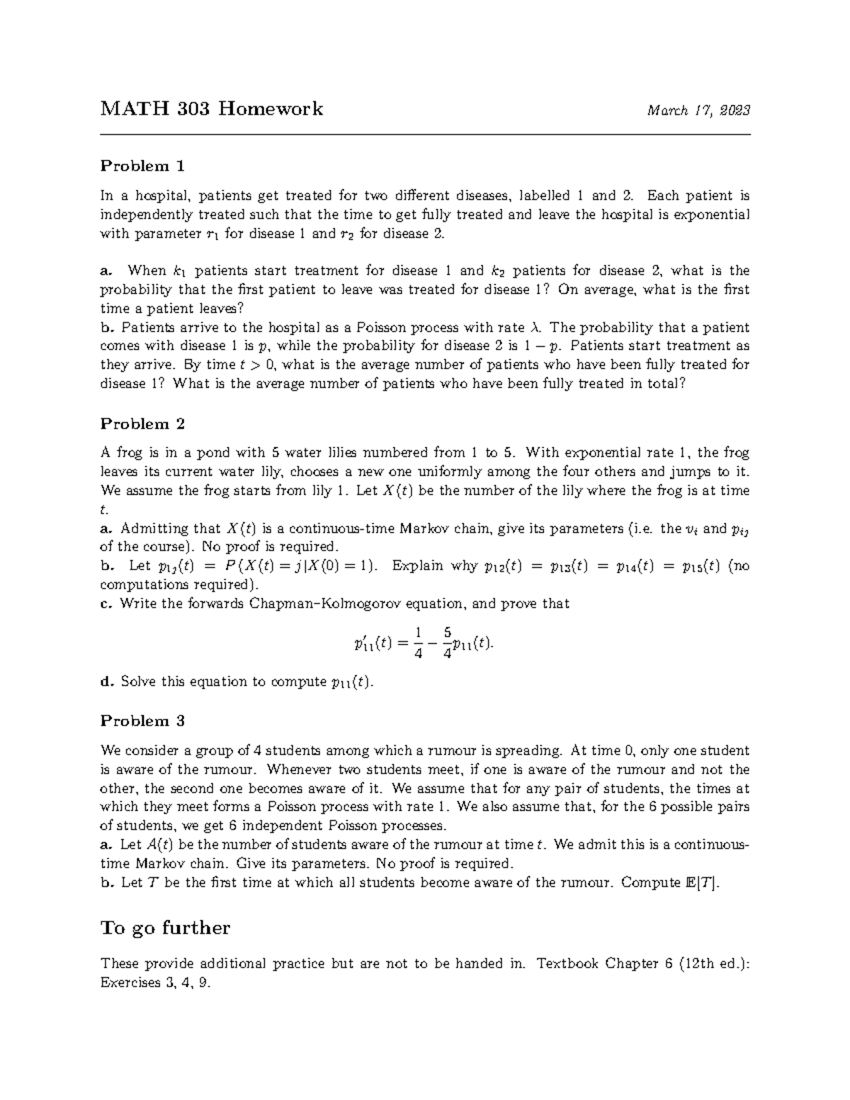 math Homework 10 - MATH 303 Homework March 17, 2023 Problem 1 In a ...
