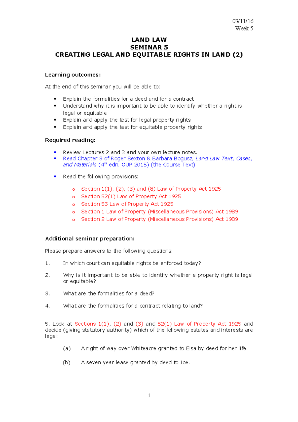 Creating legal equitable rights in land - 03/11/ Week 5 LAND LAW ...