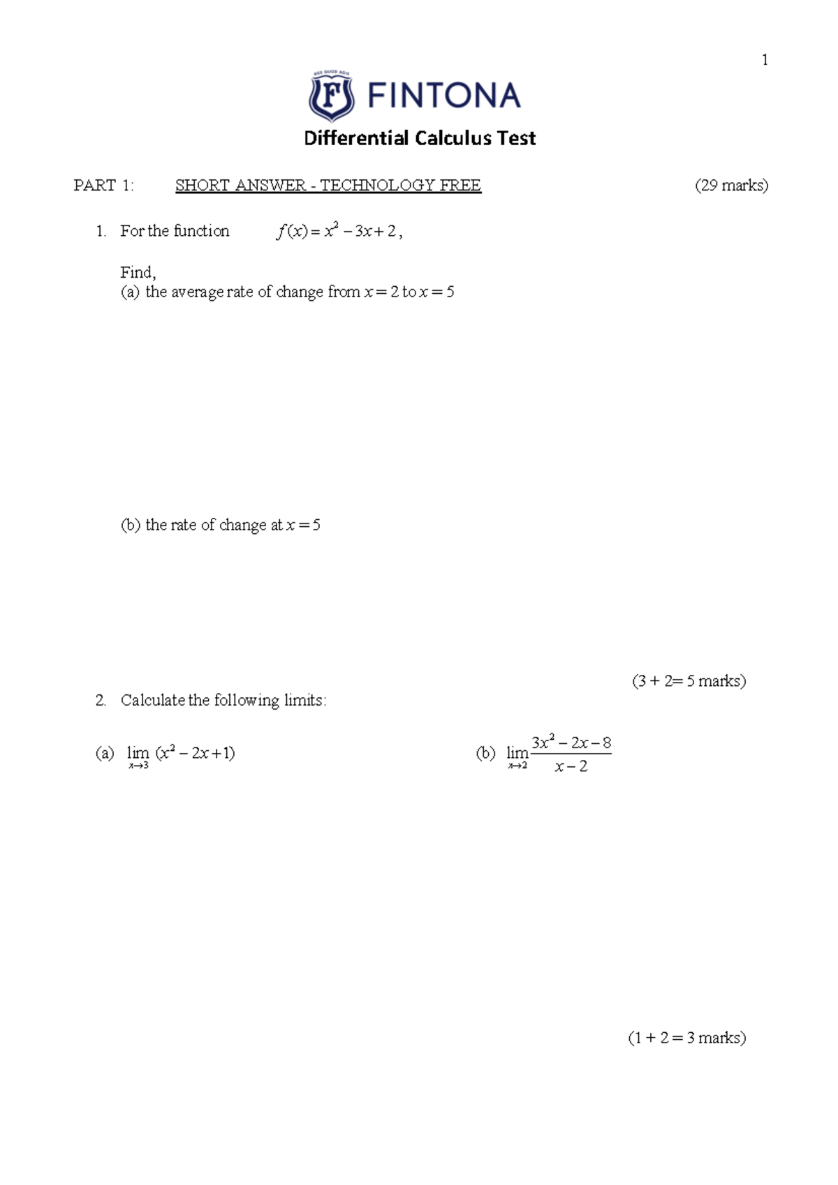 YR 11 Methods Differential Calculus TEST 2022 (17) - Differential ...