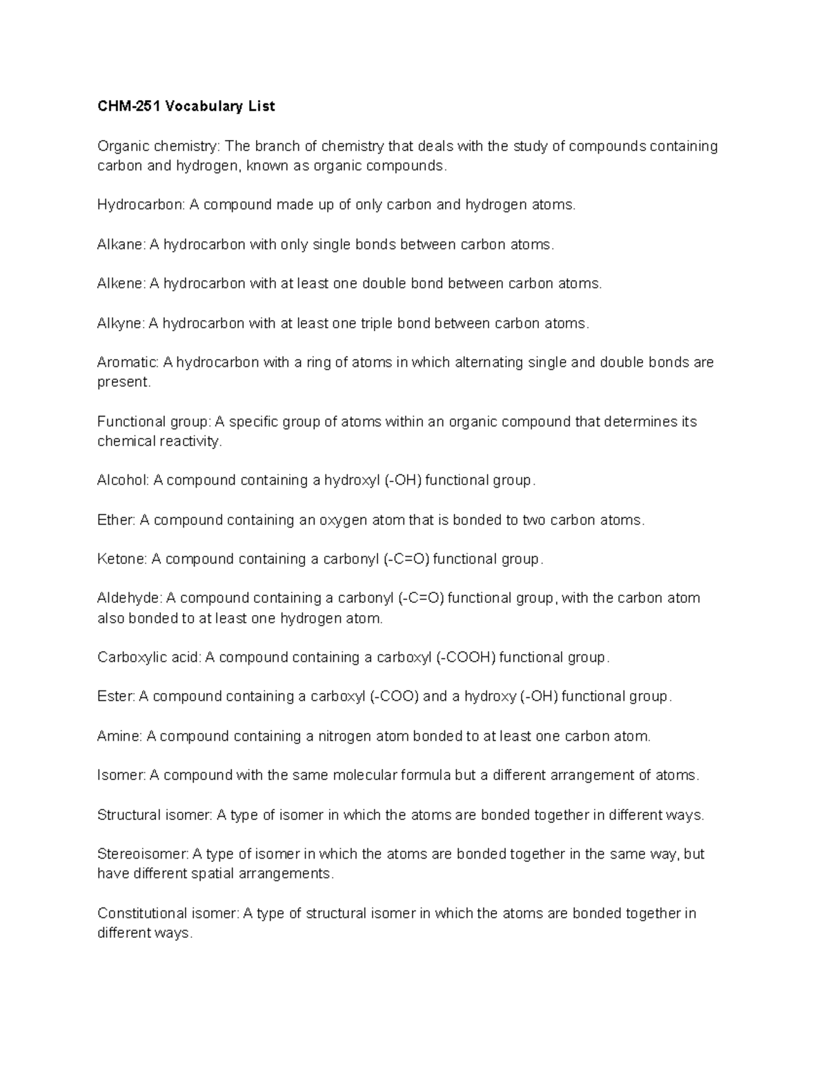 CHM-251 Organic Chemistry I Vocabulary - CHM-251 Vocabulary List ...