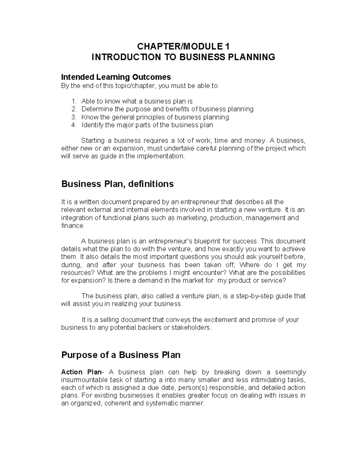 Chapter 1 - n/a - CHAPTER/MODULE 1 INTRODUCTION TO BUSINESS PLANNING ...