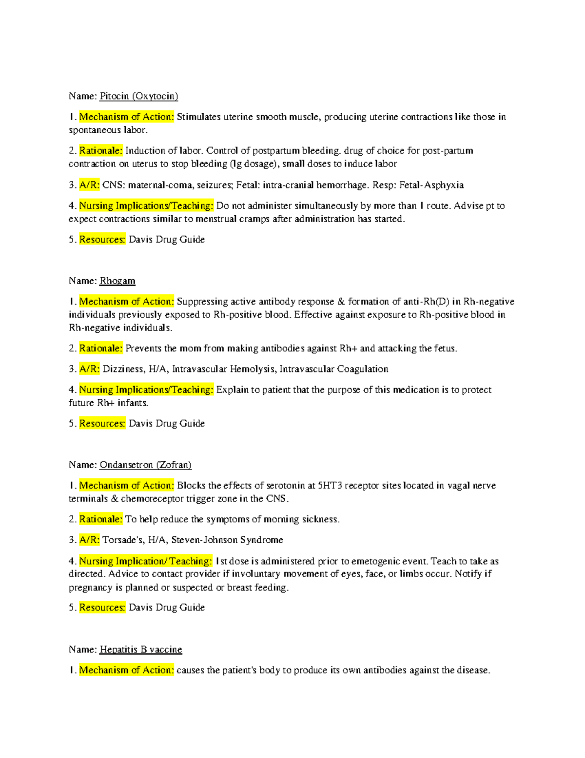 208 Drug Cards #1 (1) - Drug Card for drugs learned in this module ...