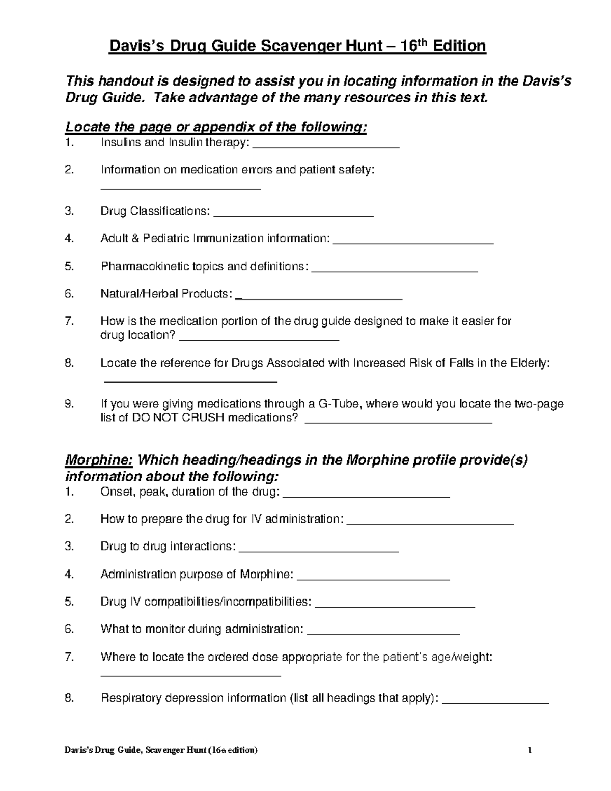 Davis Resources Scavenger Hunt 16th ed - Davis’s Drug Guide Scavenger ...