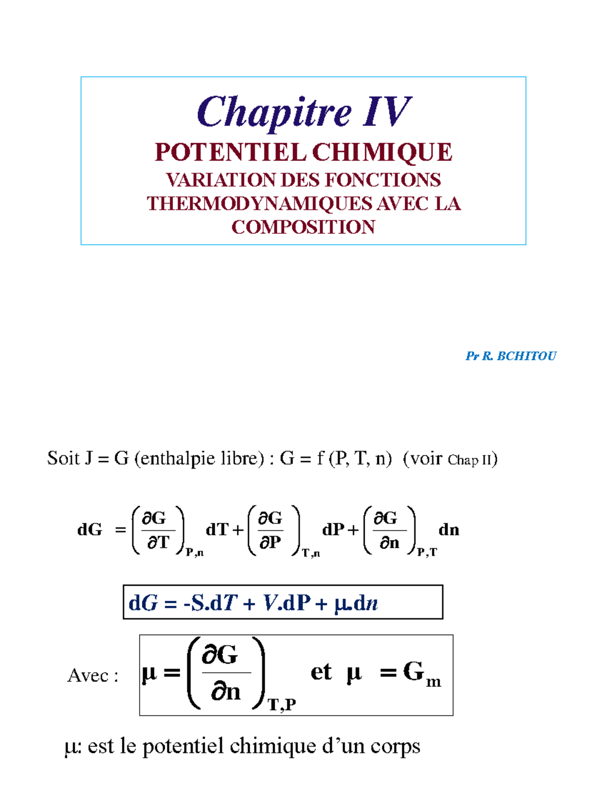 Potentiel Chimique Variation DES Fonctions Thermodynamiques AVEC LA ...