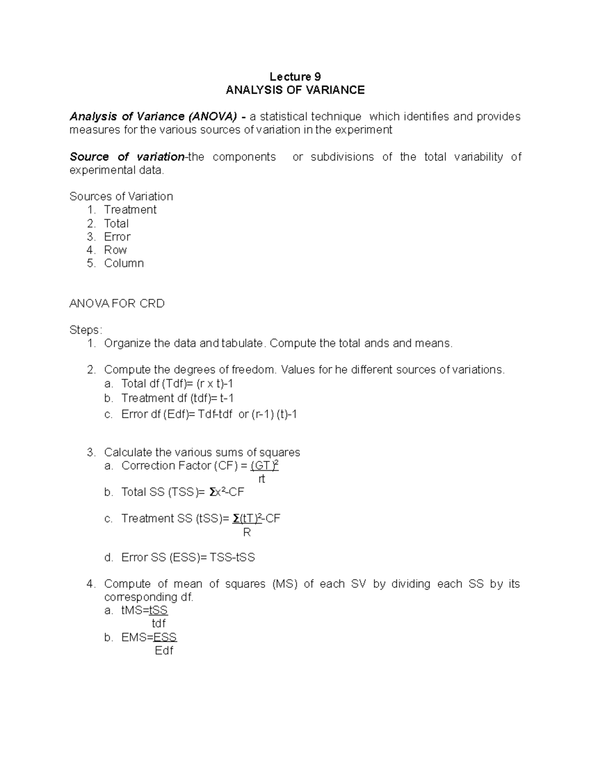 Lecture-9 - Lectures - Lecture 9 ANALYSIS OF VARIANCE Analysis of Variance (ANOVA) - a ...
