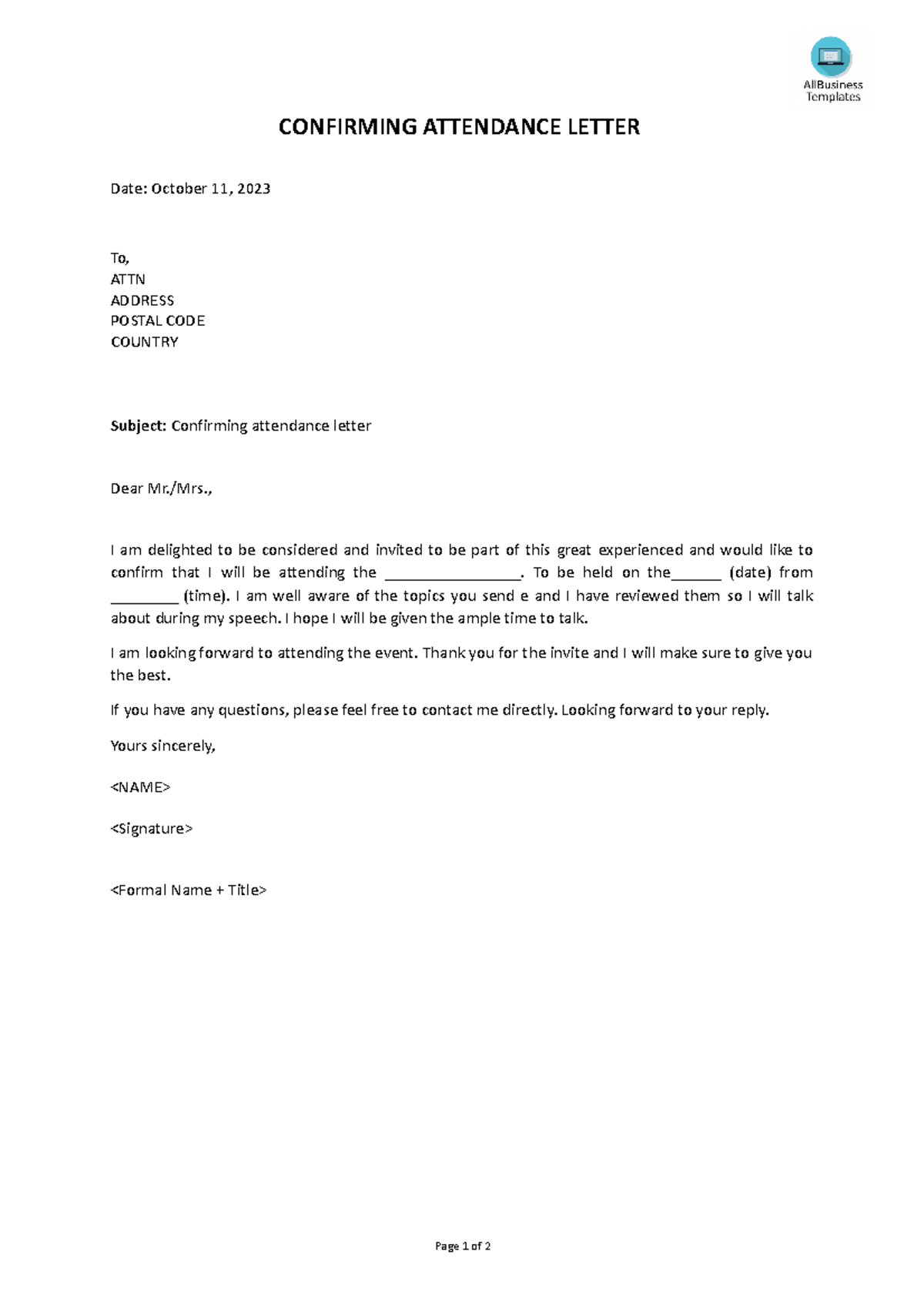 Confirming-attendance-letter-1 - CONFIRMING ATTENDANCE LETTER Date ...