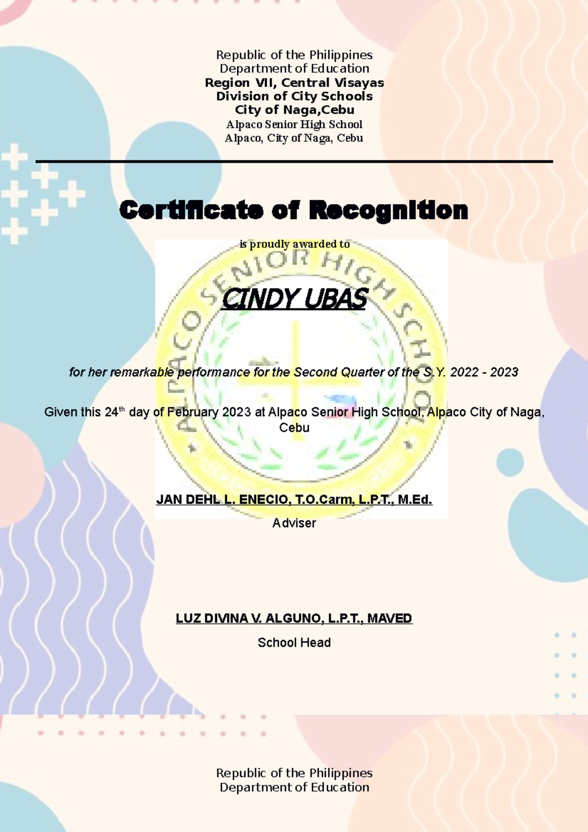 Certificate of honors - Sample notes - Republic of the Philippines ...