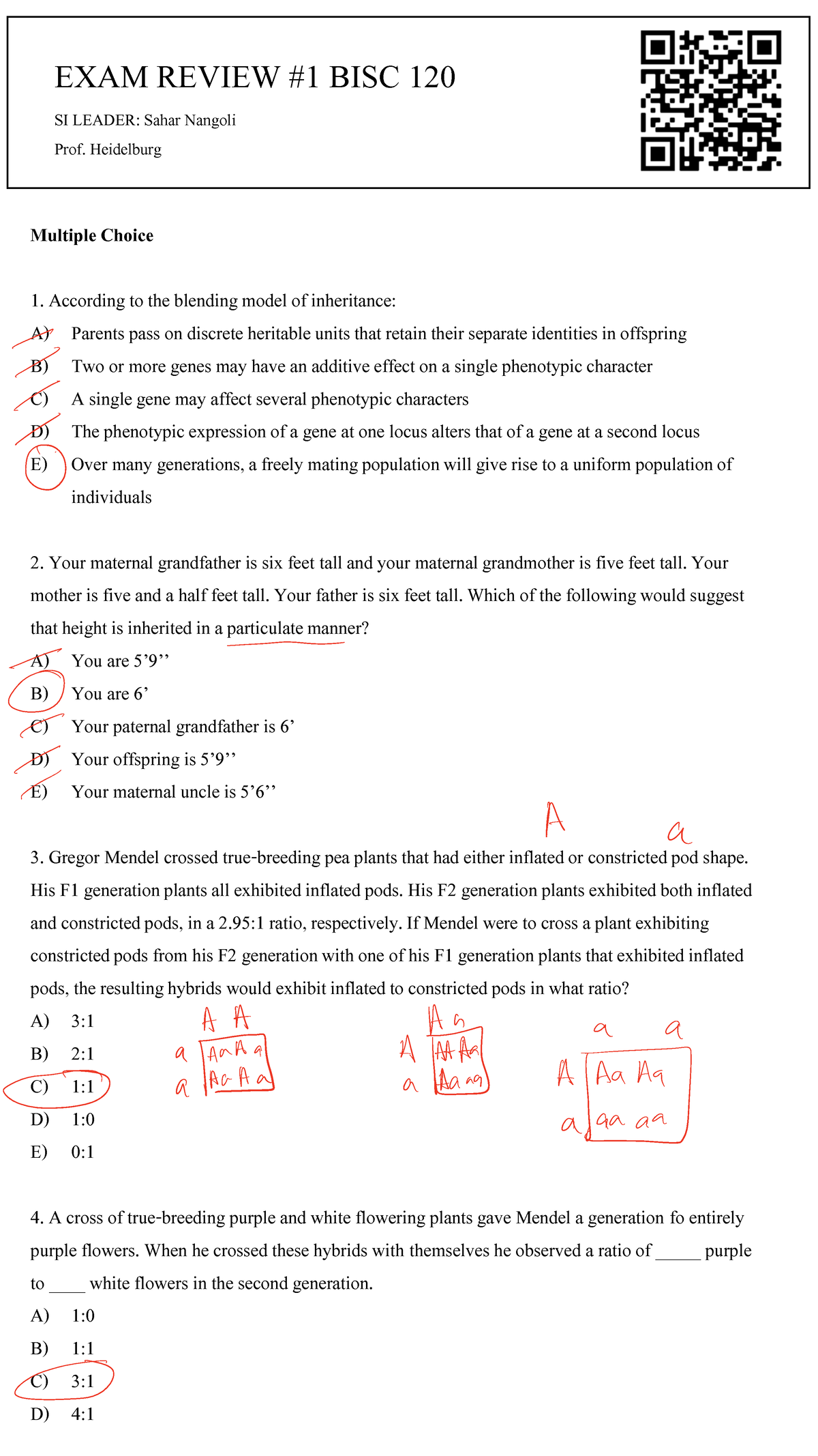 EXAM Review KEY #1 - EXAM REVIEW #1 BISC 120 SI LEADER: Sahar Nangoli ...