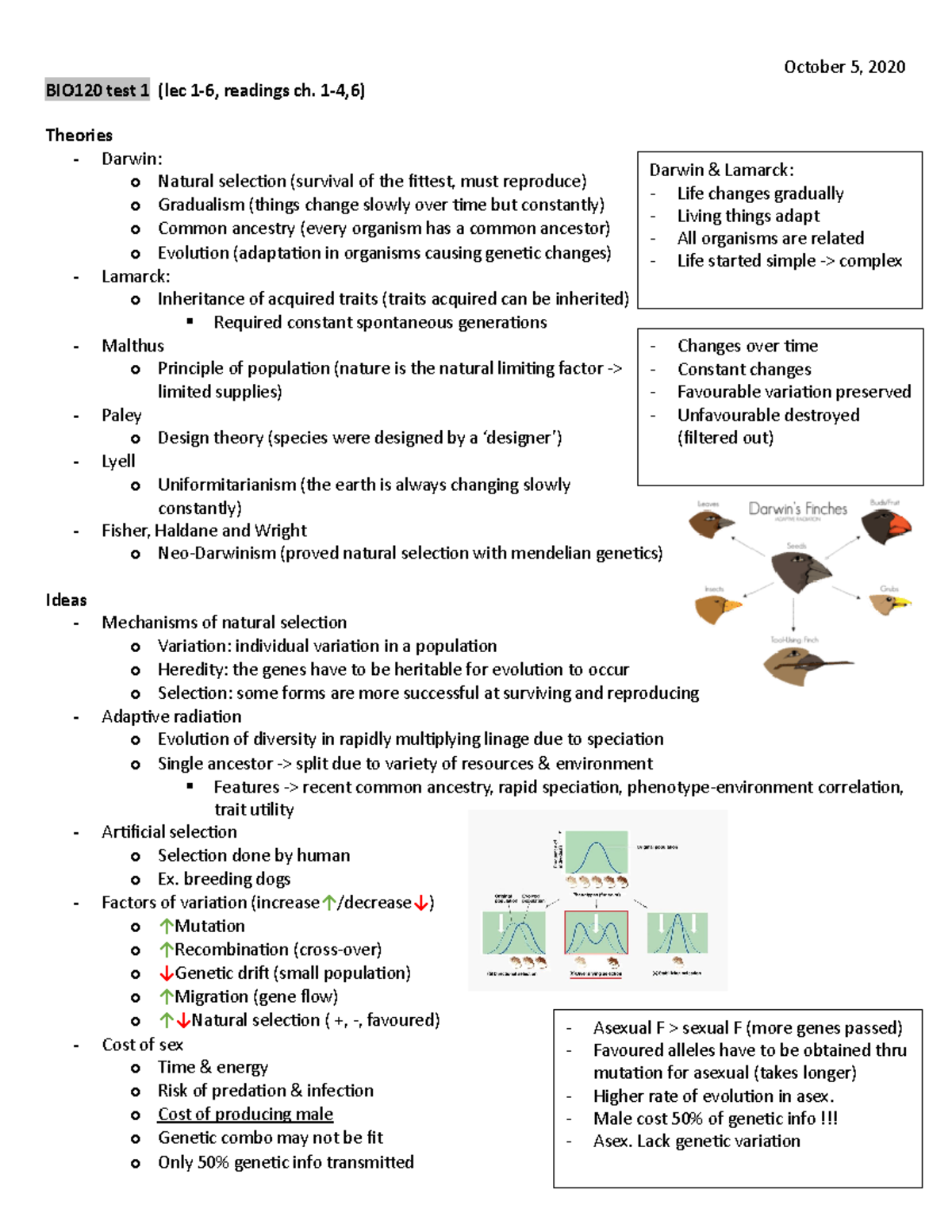 Bio120 Test 1 Test 1 Notes October 5 2020 Bio120 Test 1 Lec 1 6