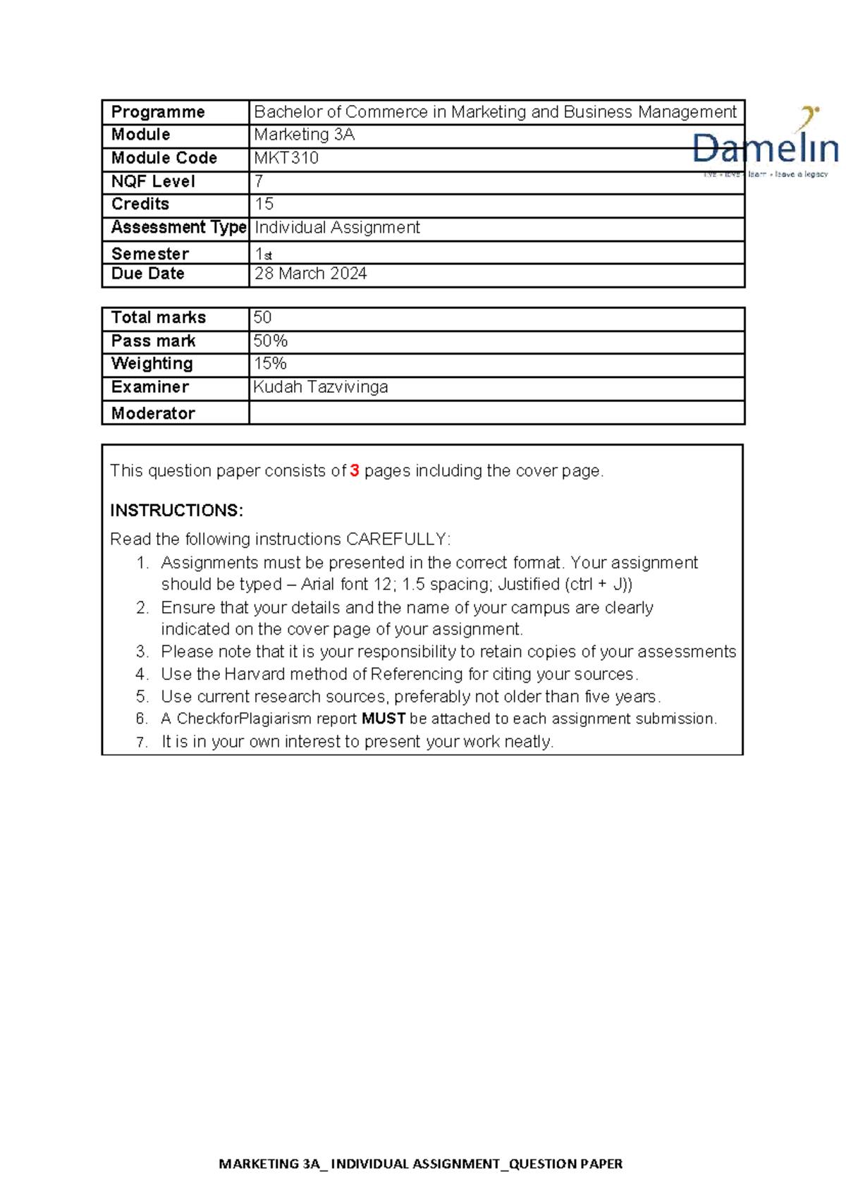 Marketing 3A Individual Assignment 2024 - Programme Bachelor of ...
