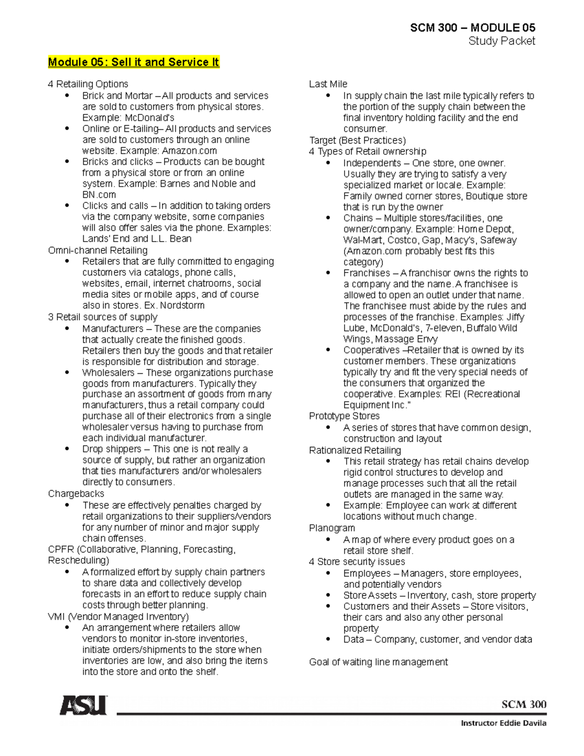 Exam 2 Study Guide 5-8 - SCM 300 MODULE 05 Study Packet Module 05: Sell ...
