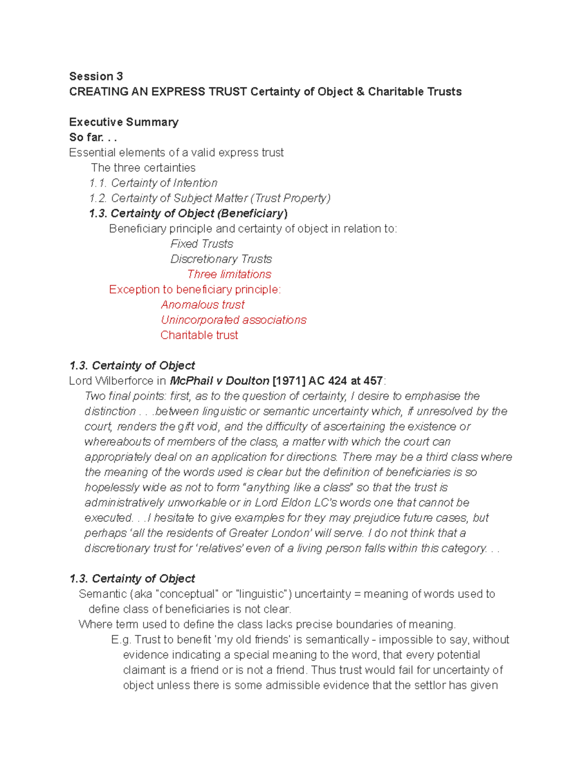Certainty of Object AND Charitable Trusts - Session 3 CREATING AN EXPRESS TRUST Certainty of ...