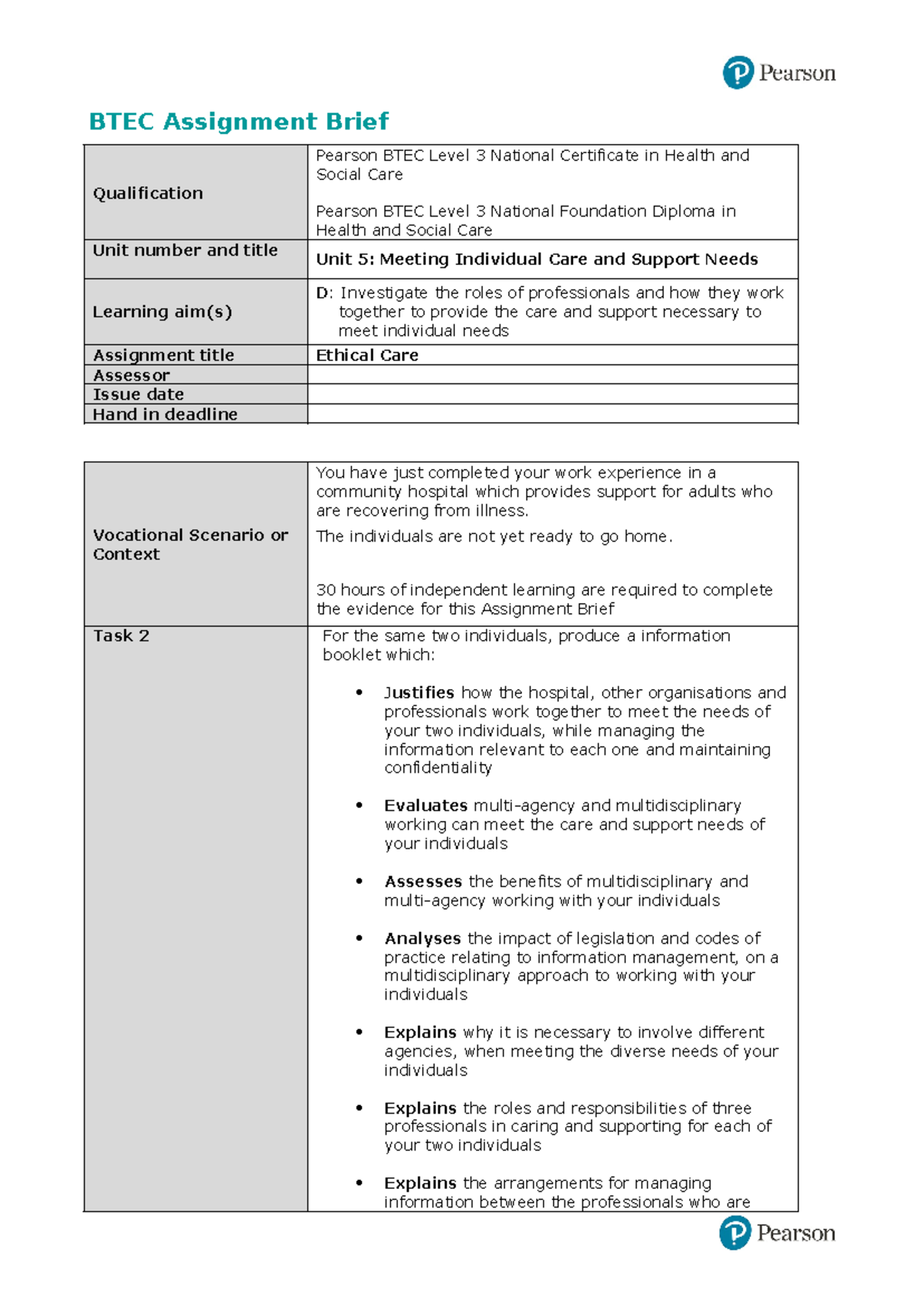 Unit 5 Task 2 Assignment Brief 23-24 - BTEC Assignment Brief Qualification Pearson BTEC Level 3 ...