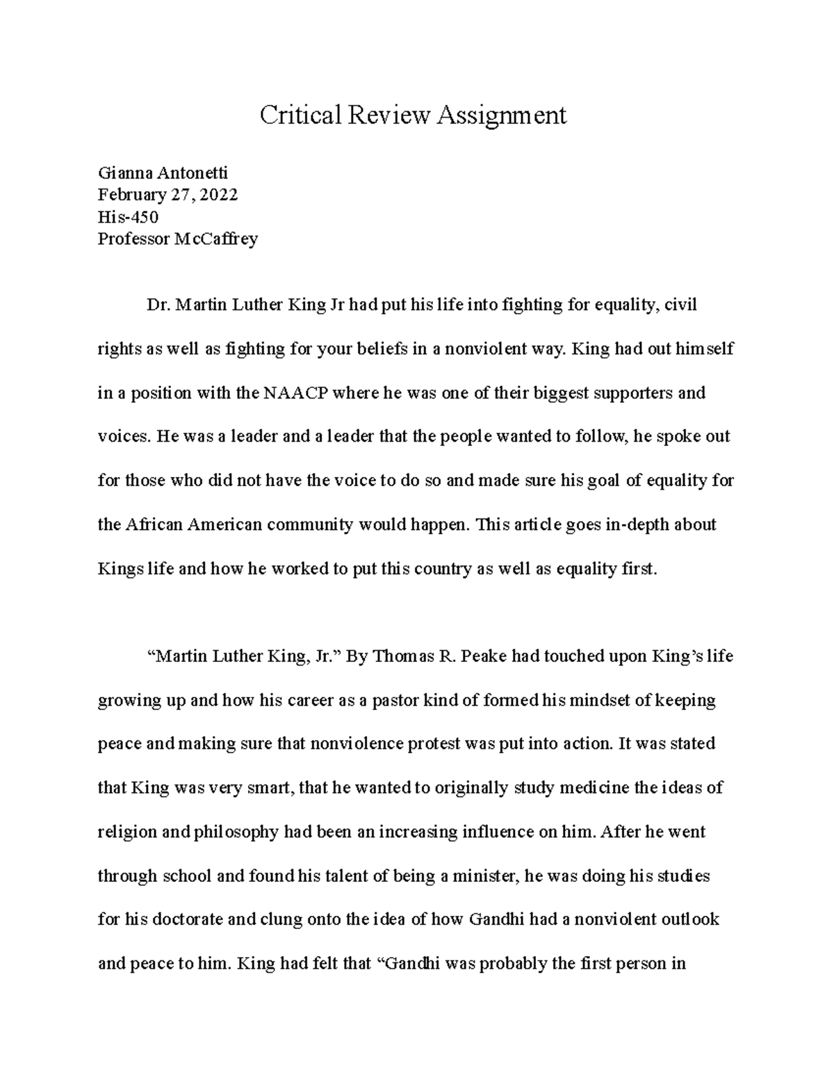 Critical Review Assignment - Critical Review Assignment Gianna ...