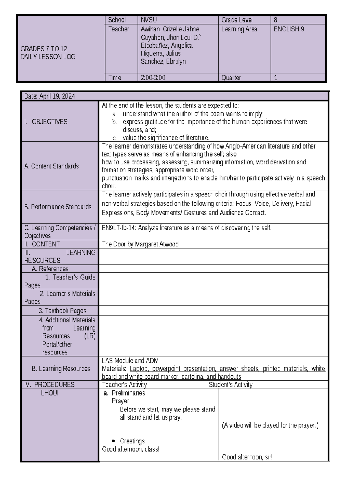 LP Giving TREE 1 - FDFGH - Date: April 19, 2024 I. OBJECTIVES At the ...