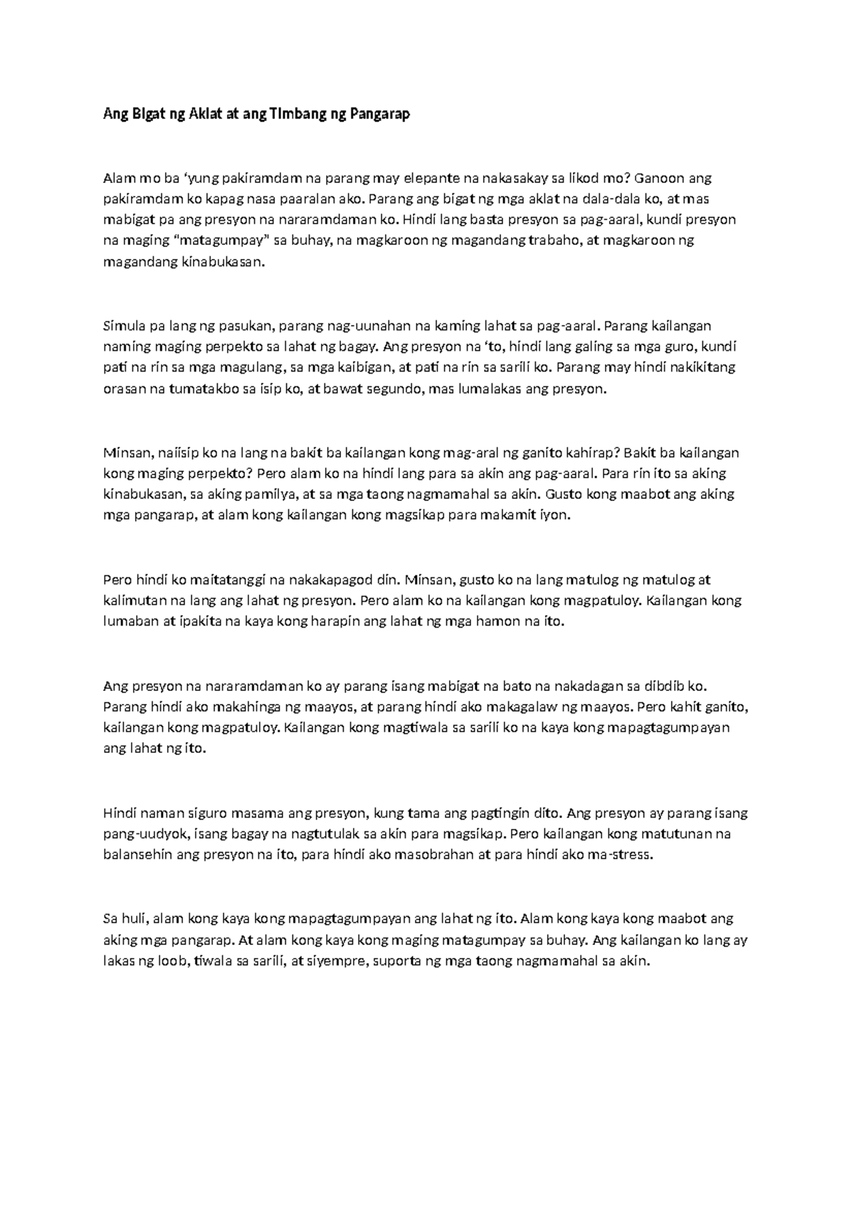 Ang Bigat ng Aklat - Hi, I really need this document. Thanks! - Ang ...