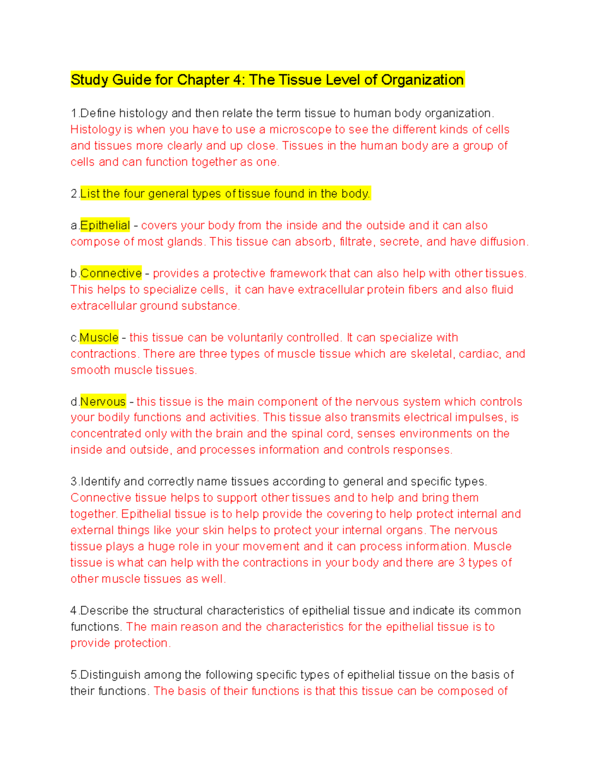 Study Guide for Chapter 4 The Tissue Level of Organization - Histology ...