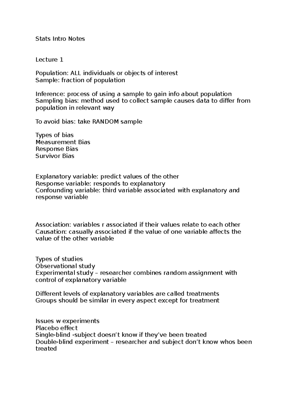 Stats Intro Notes Stats Intro Notes Lecture 1 Population All Individuals Or Objects Of