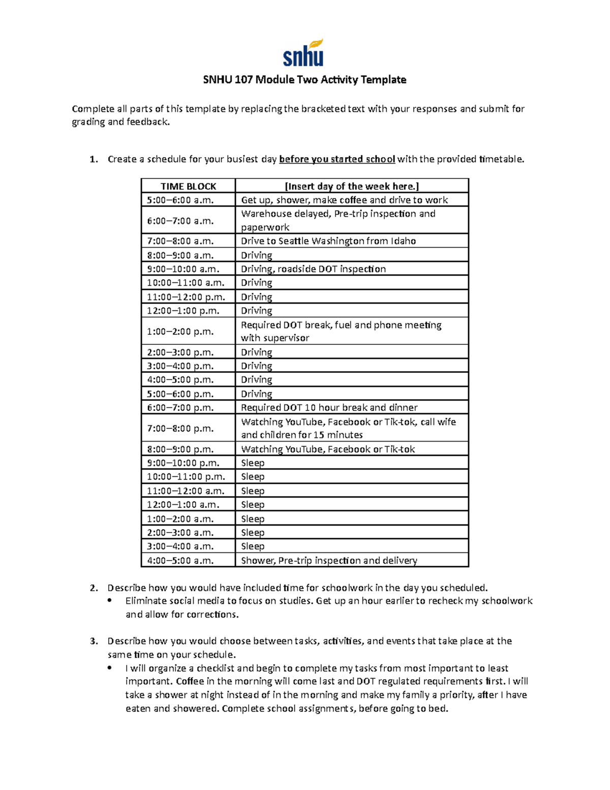 SNHU 107 Module Two Activity Joshua Quirk schedule - SNHU 107 Module Two Activity Template ...