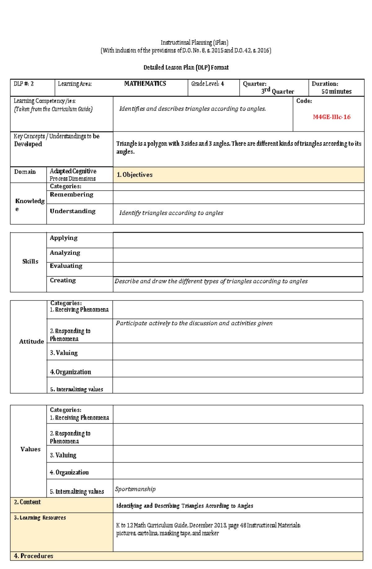 Lesson Plan in Math Triangles - Instructional Planning (iPlan) (With ...