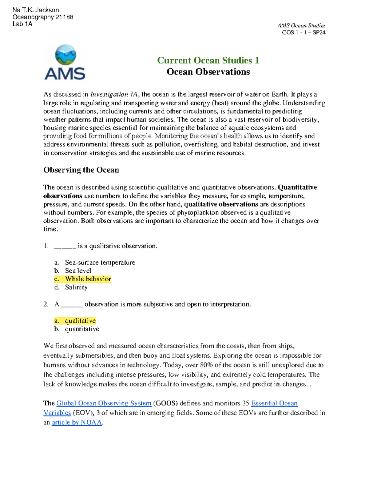 LAB 1A AMS Ocean Studies - AMS Ocean Studies COS 1 - 1 – SP Current ...