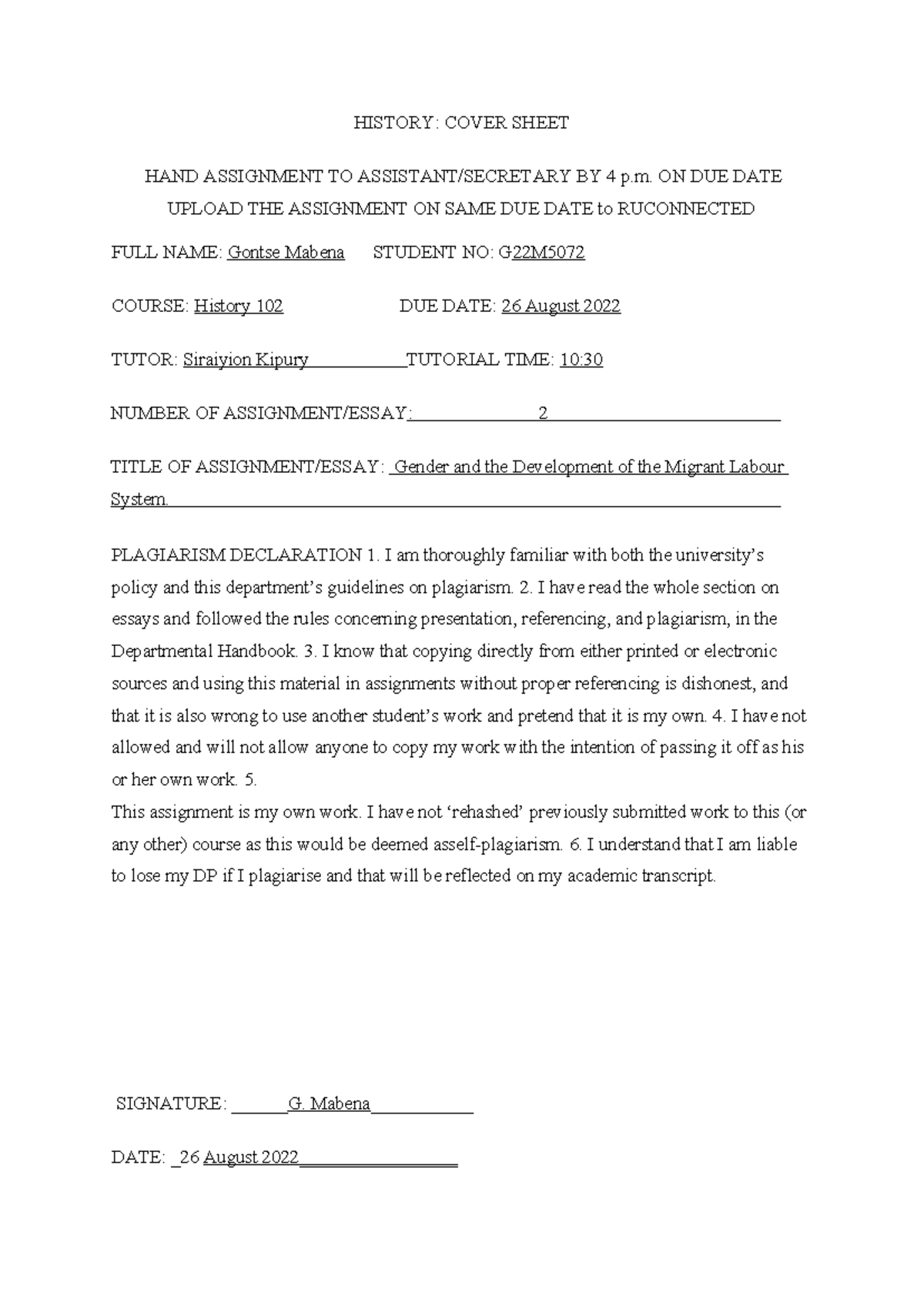 His101 assignment - HISTORY: COVER SHEET HAND ASSIGNMENT TO ASSISTANT ...