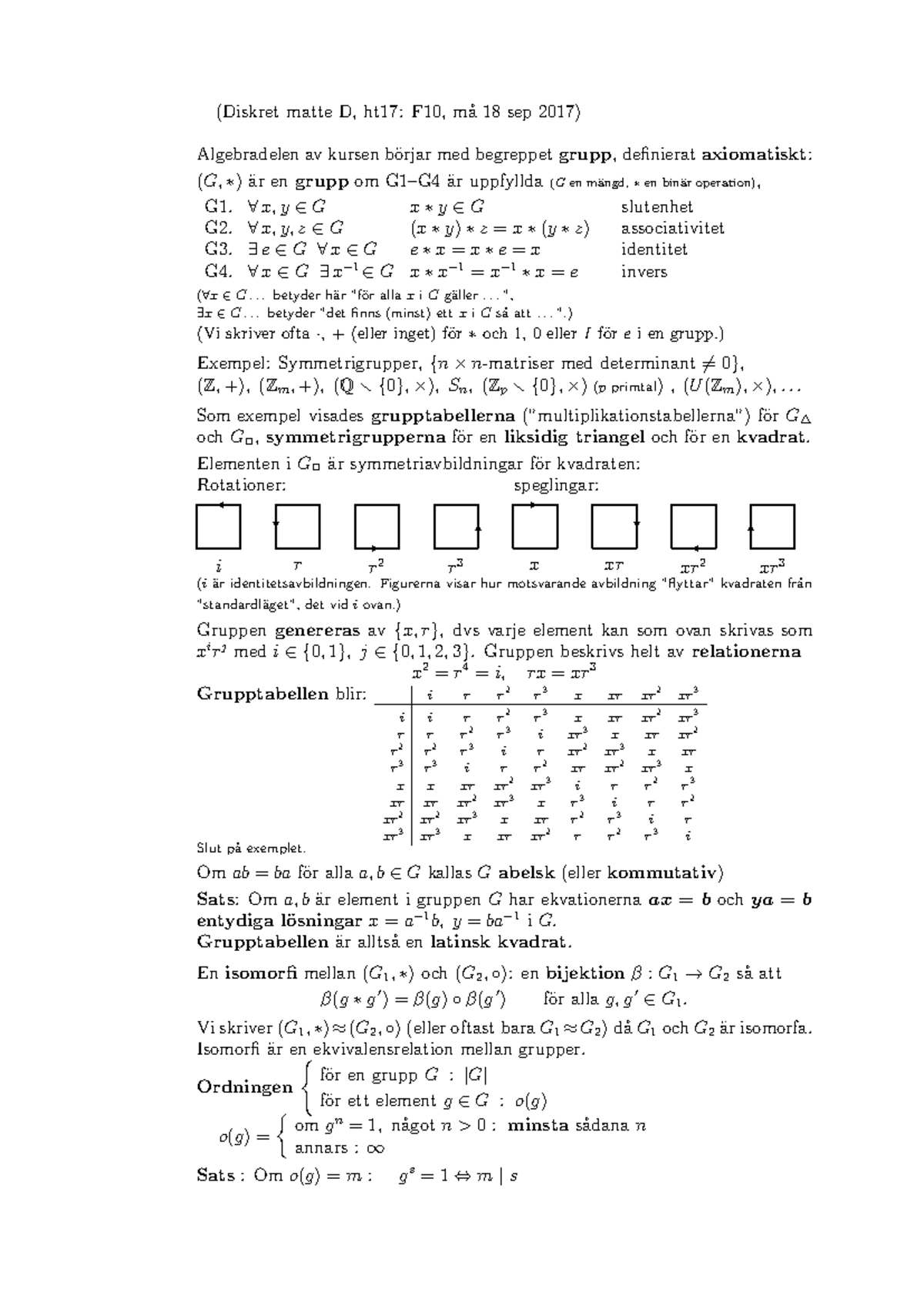 10 Grupper, ordning av element - (Diskret matte D, ht17: F10, m ̊a 18 ...