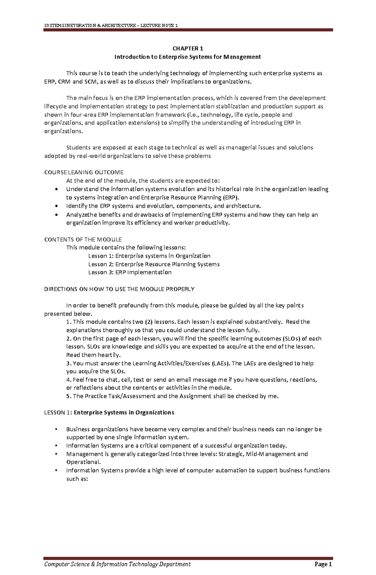 ITS 201 - Chapter 1 - Lecture notes 1-27 - Bachelor of sscience in ...