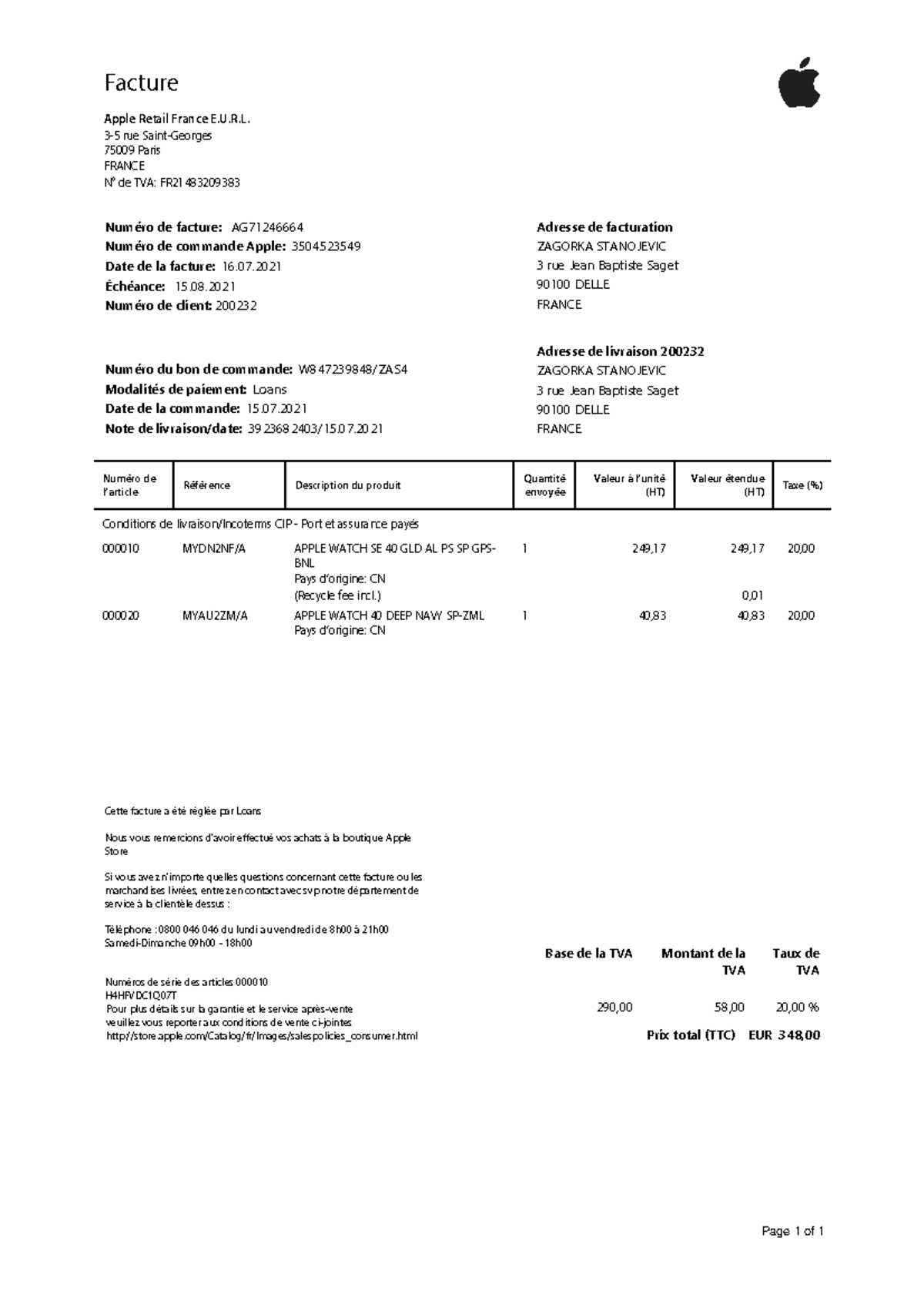 Apple-france - Fhdhdbacac - Facture Apple Retail France E.U.R. 3-5 rue ...