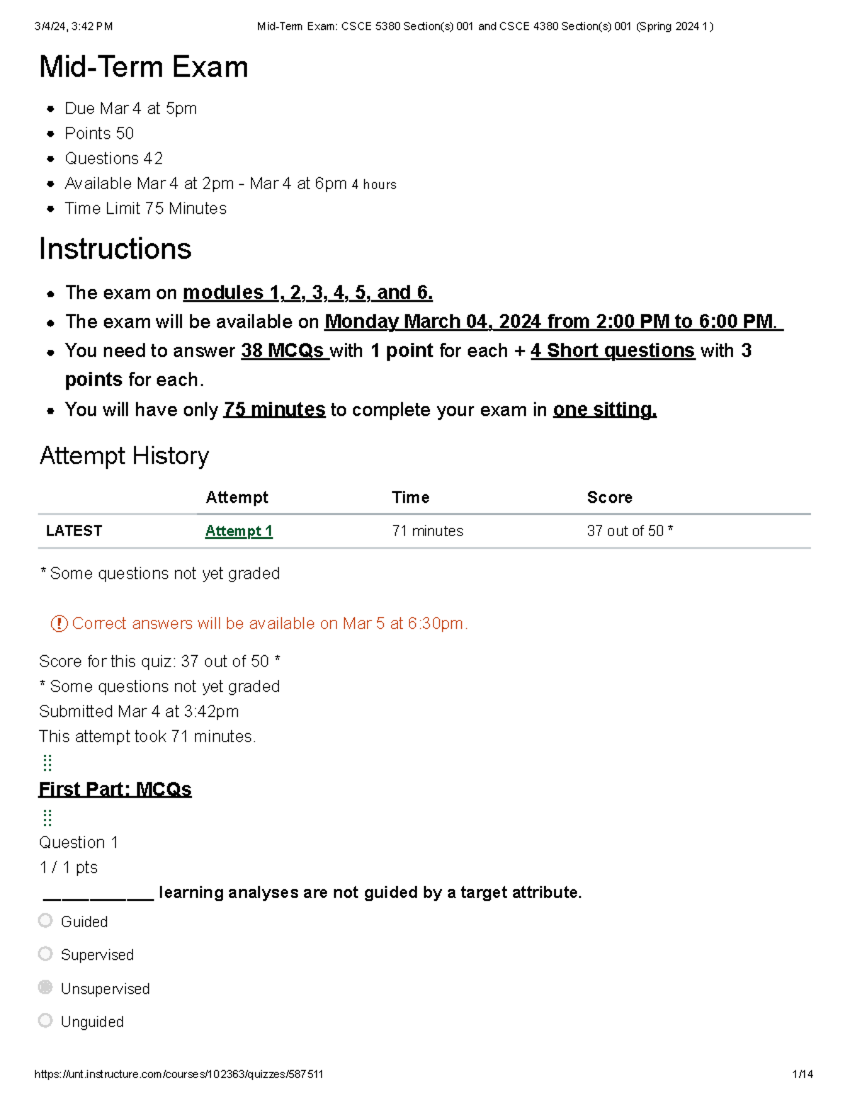 Result - Mid 1 - Mid-Term Exam Due Mar 4 at 5pm Points 50 Questions 42 ...