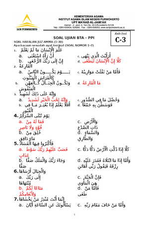 C-1 OK - SOAL BTA PPI - SOAL UJIAN BTA – PPI SOAL HAFALAN JUZ AMMA (1-30) Apa bacaan sesudah ...