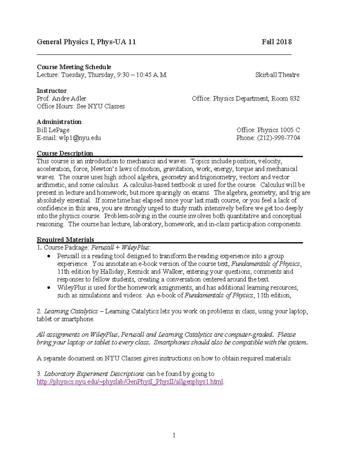 GPI-Fa18-Syllabus - Syllabus - General Physics I, Phys-UA 11 Fall 2018 - Studocu