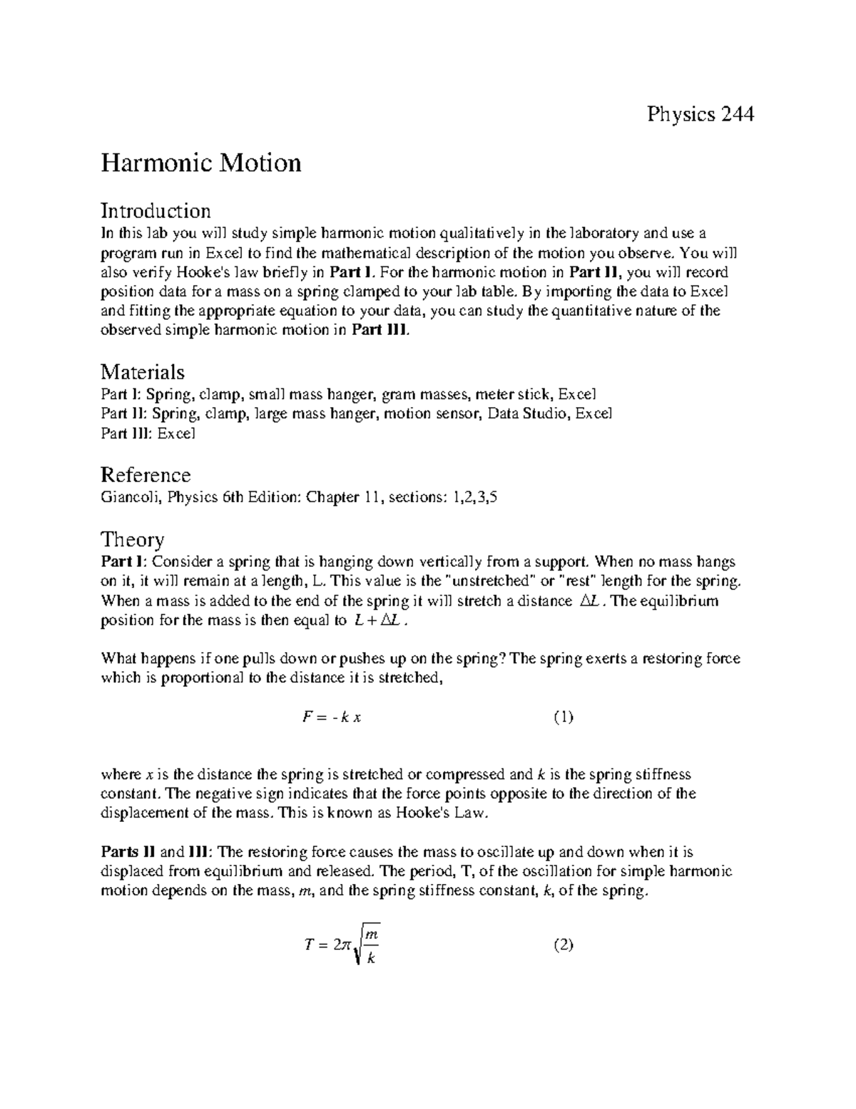 Handout Harmonic Motion - Physics 244 Harmonic Motion Introduction In ...