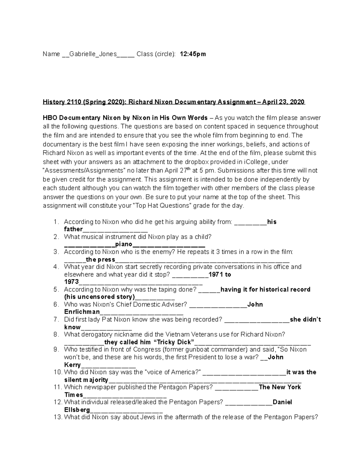 Nixon Assignment - Name Gabrielle_Jones___ Class (circle): 12:45pm ...