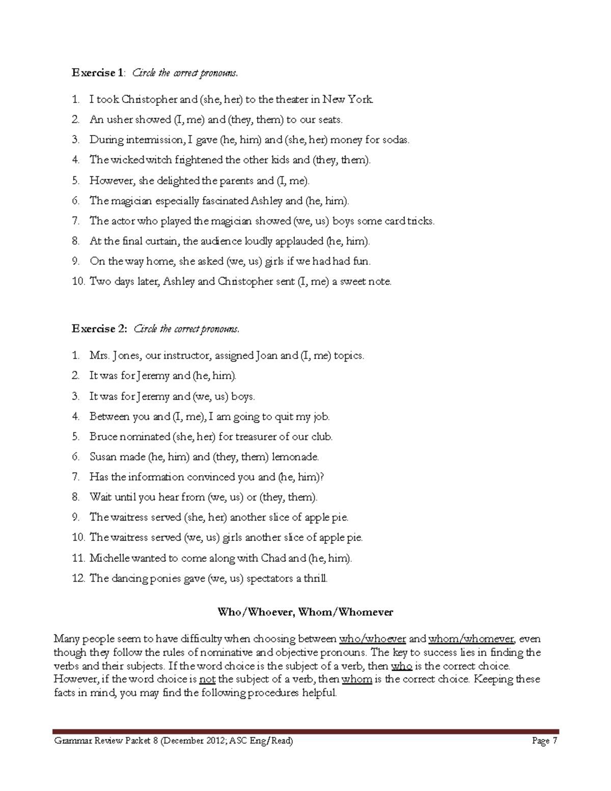 grammar review packet 8 pronouns - Grammar Review Packet 8 (December ...