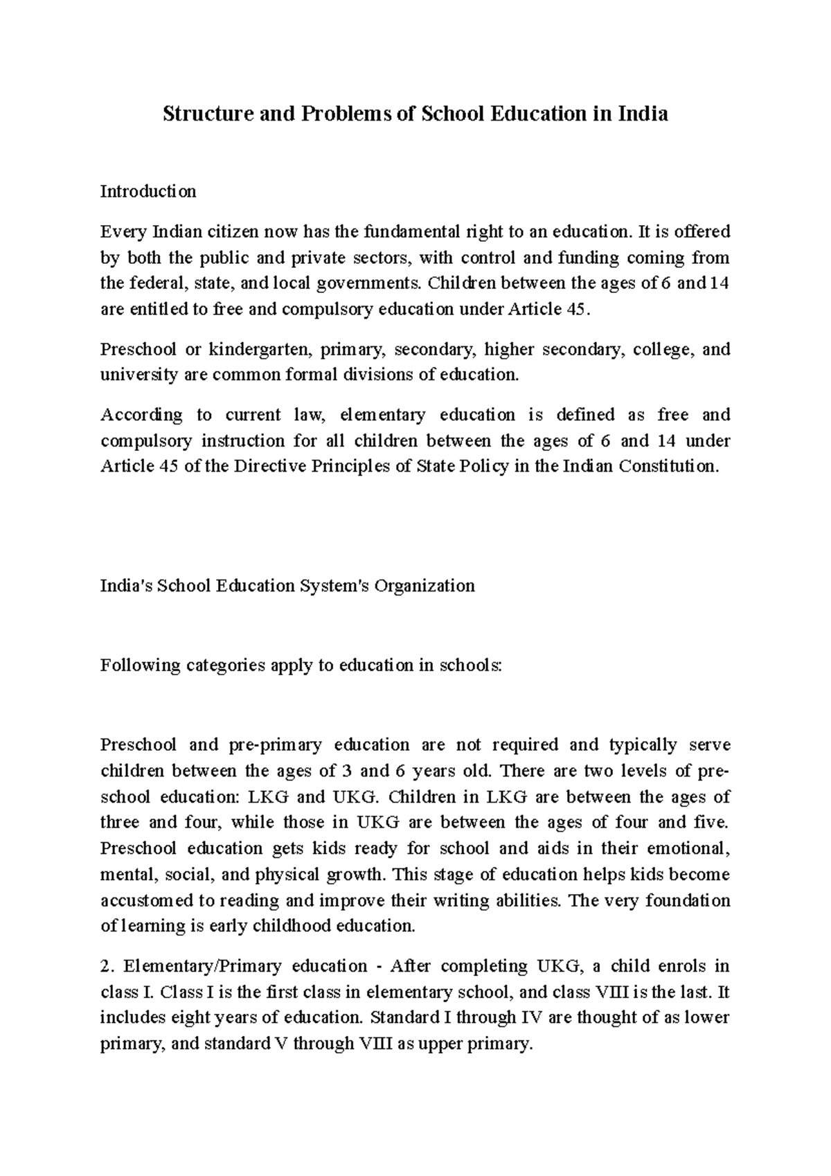 Structure and Problems of School Education in India - Structure and ...