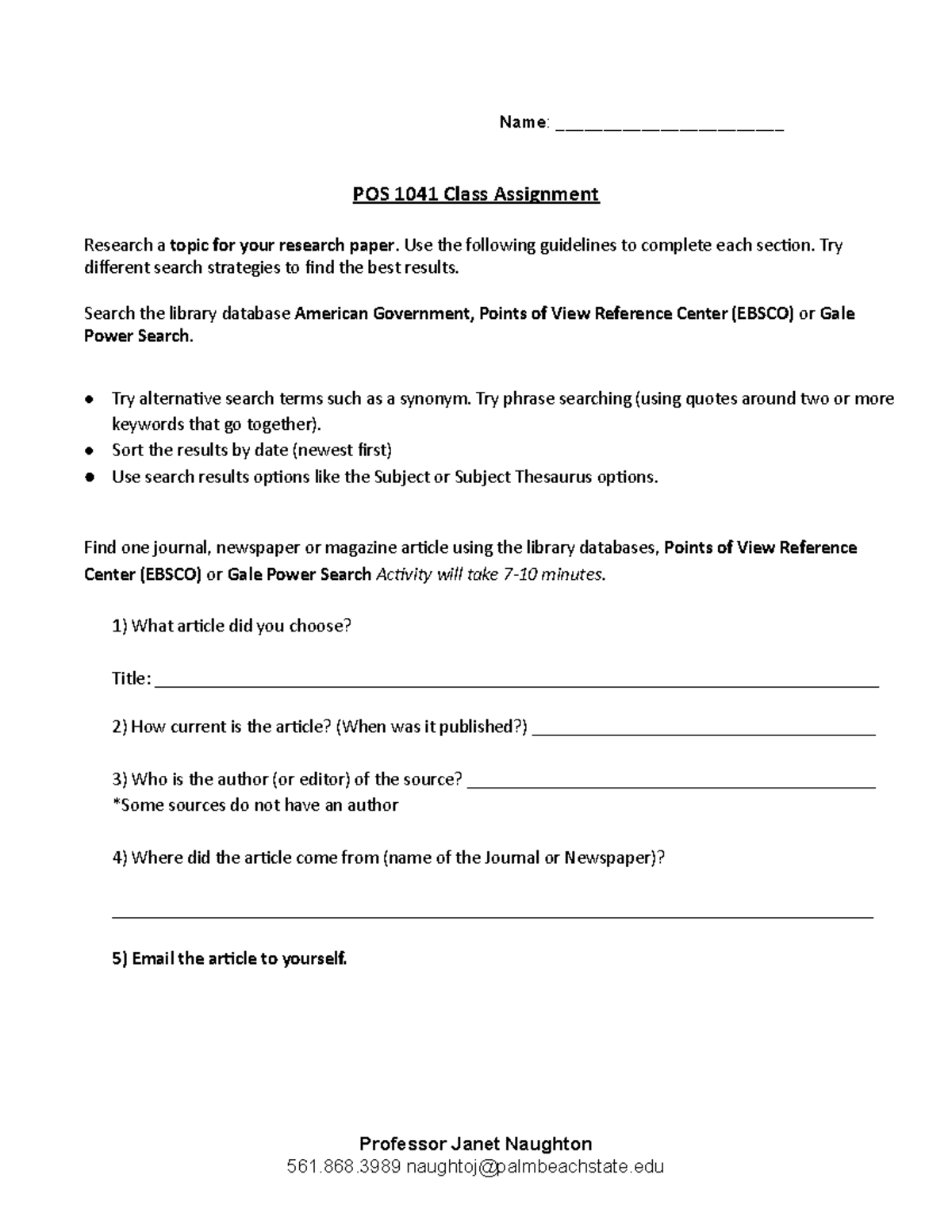 POS1041 practice sheet - Name: POS 1041 Class Assignment Research a ...