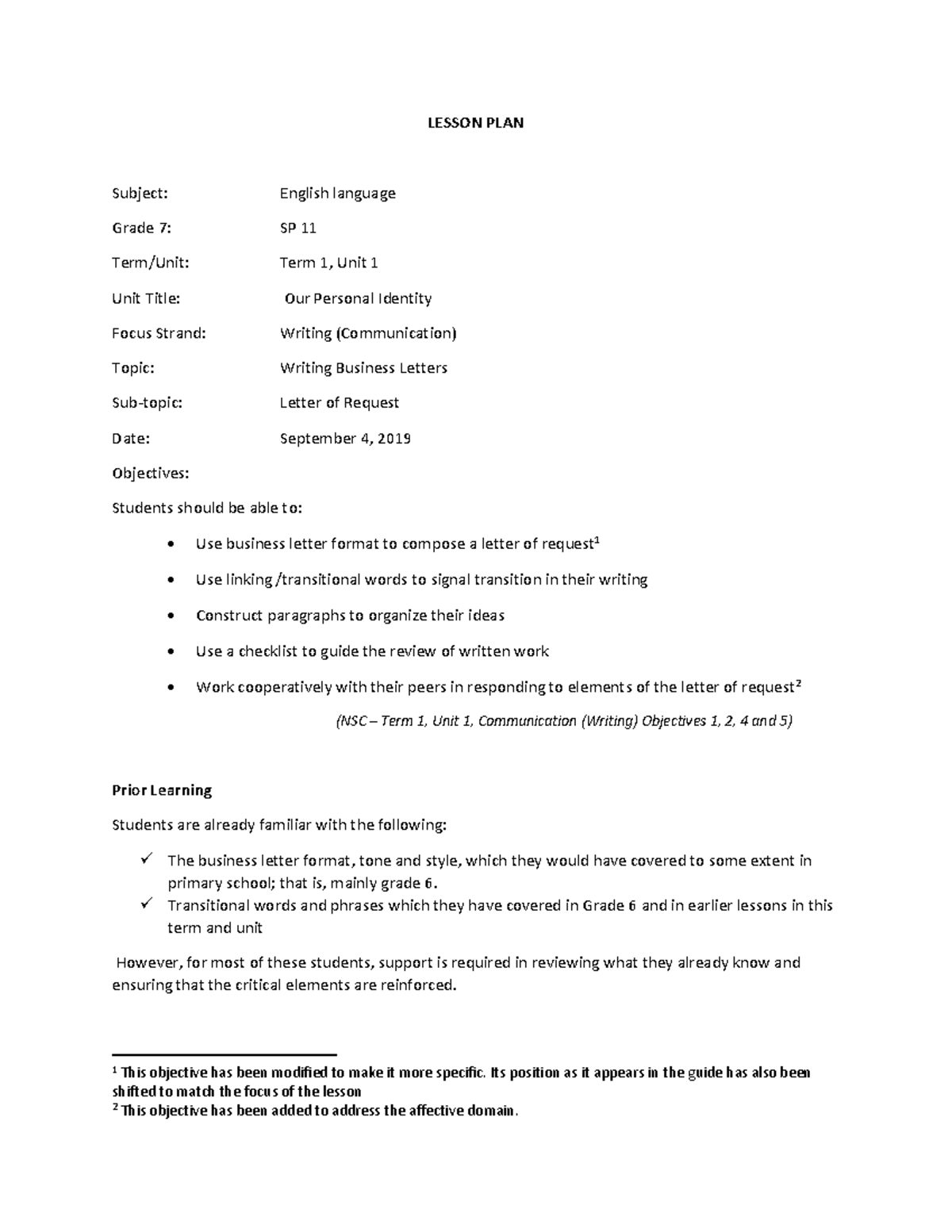 Lesson PLAN Grade 7 SPII 2 - LESSON PLAN Subject: English language ...