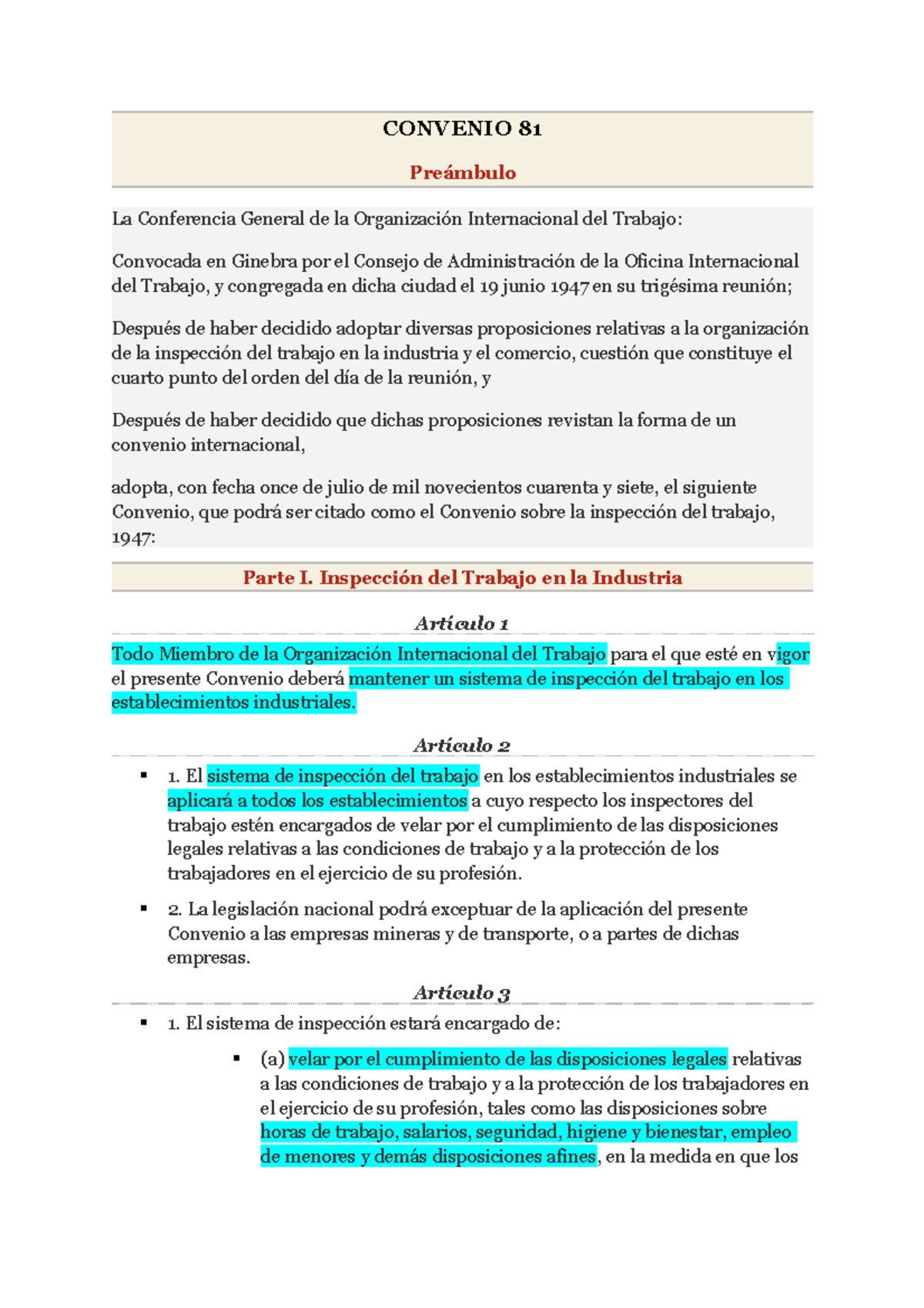 Convenio 81 - CONVENIO 81 Preámbulo La Conferencia General de la Organización Internacional del ...
