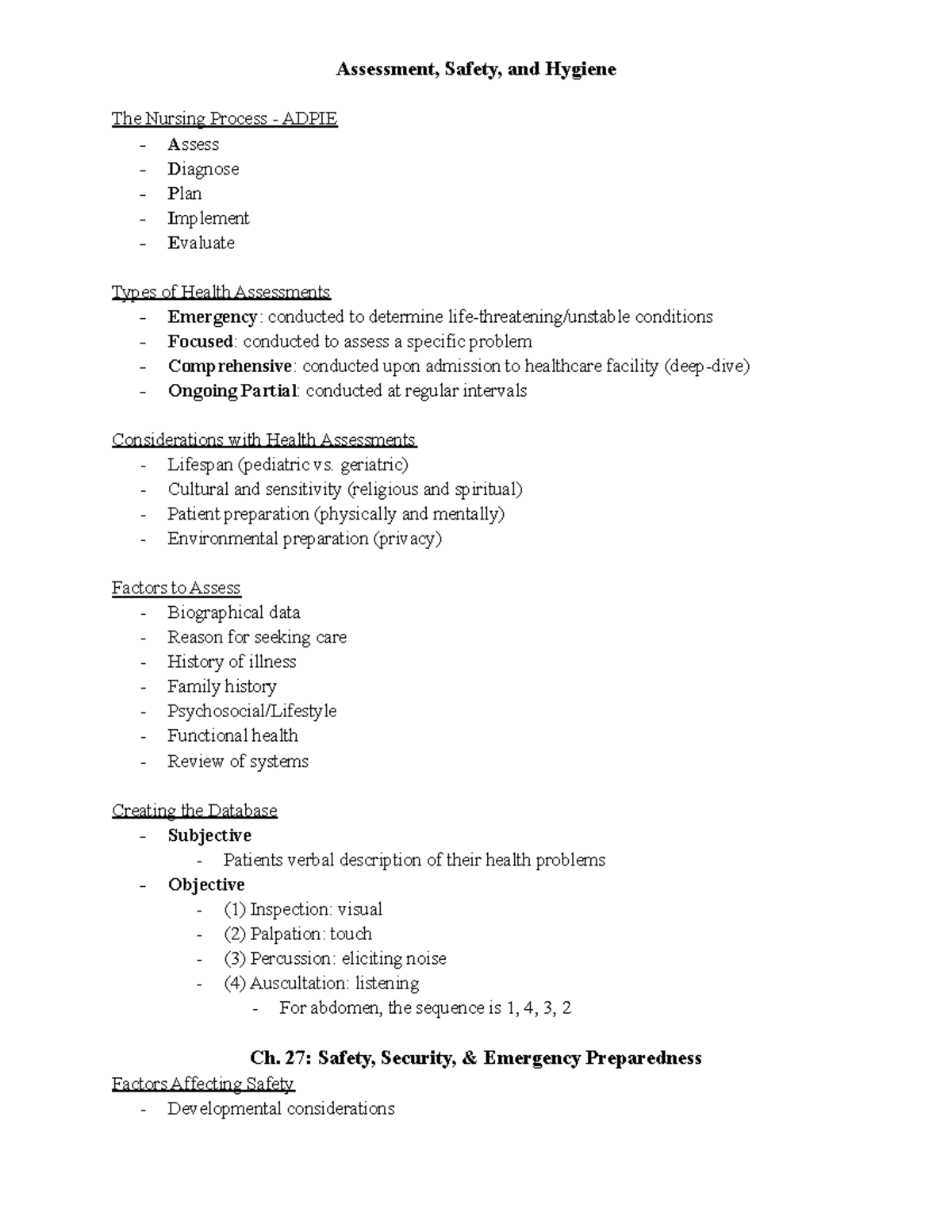NURS100 Assessment, Safety, Hygiene - Assessment, Safety, and Hygiene ...