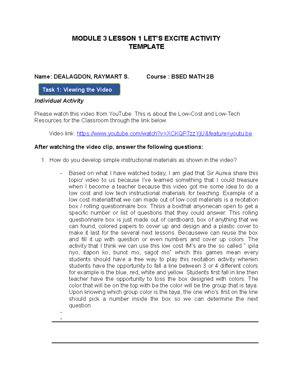 Dealagdon M3L1T1 Output - MODULE 3 LESSON 1 LET’S EXCITE ACTIVITY ...