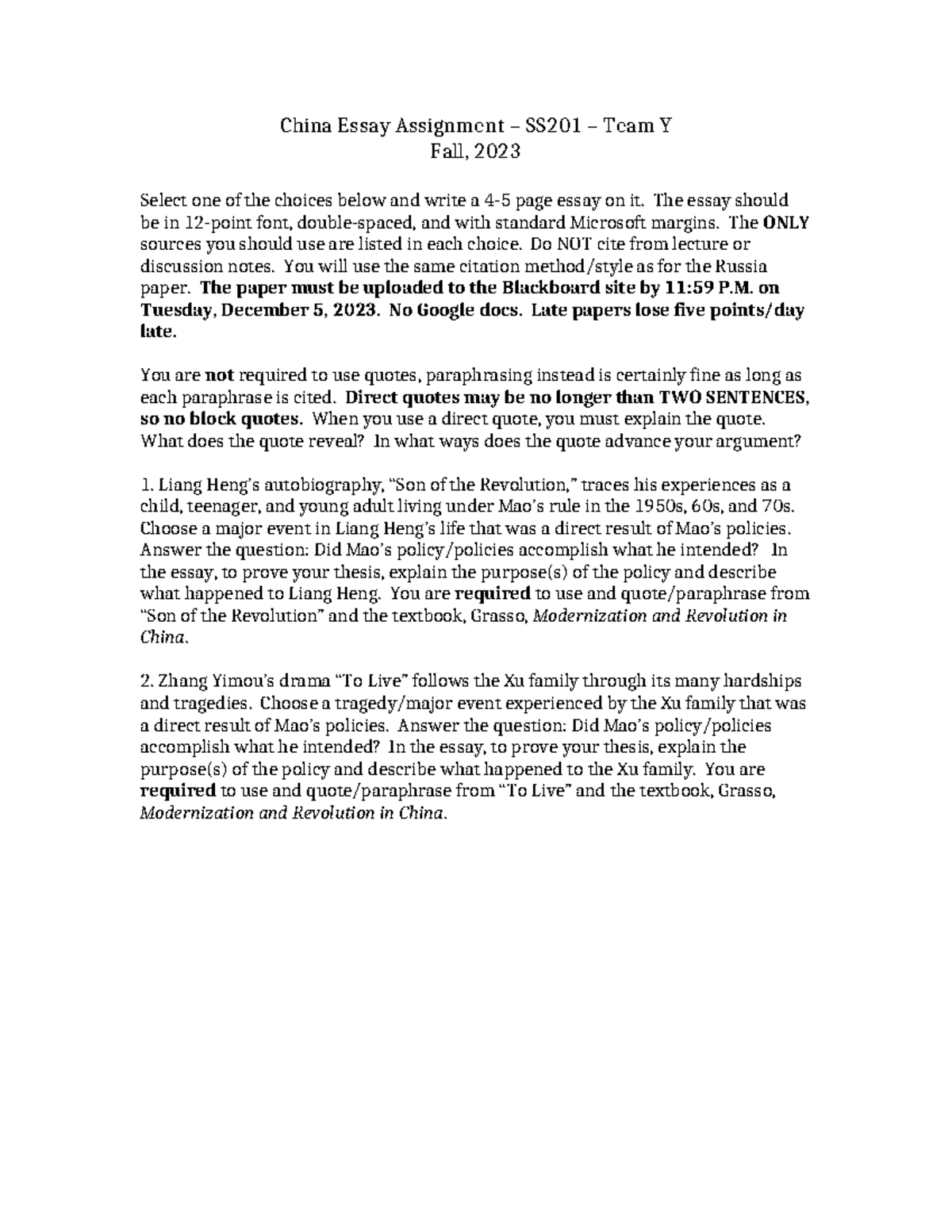 Essay Assignment#2China Fall 2023 - China Essay Assignment – SS201 ...