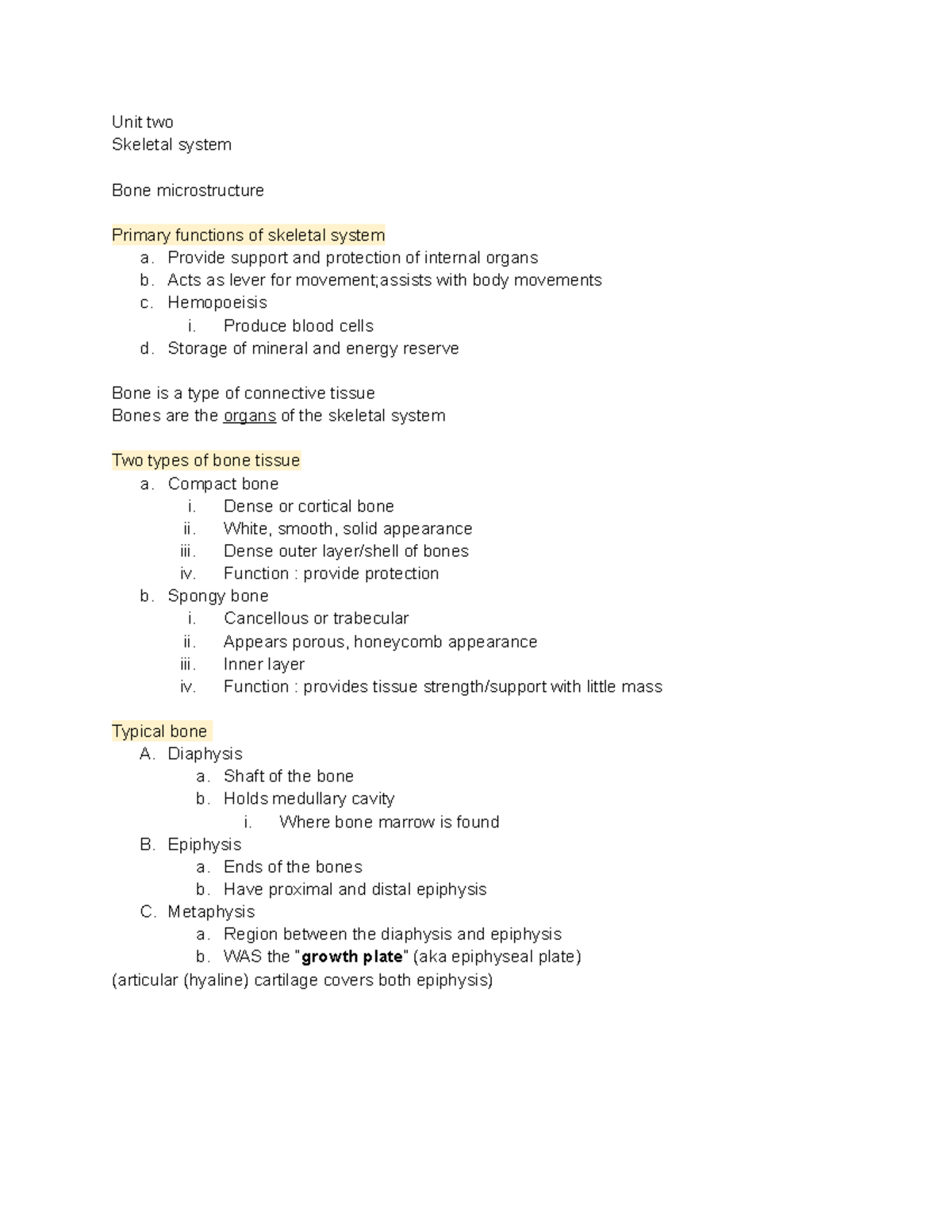 Anatomy unit two - unit two - bone structure and function, axial ...